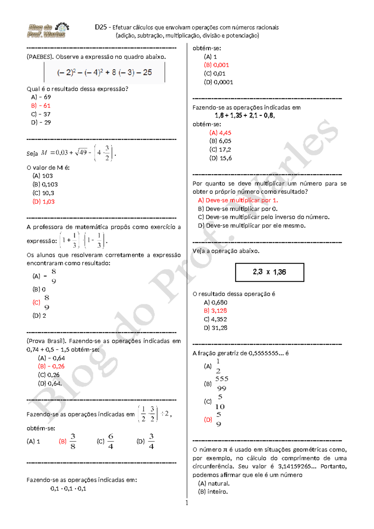 D25 (9º ANO - Mat.) - Blog do Prof. Warles - (adição, subtração ...
