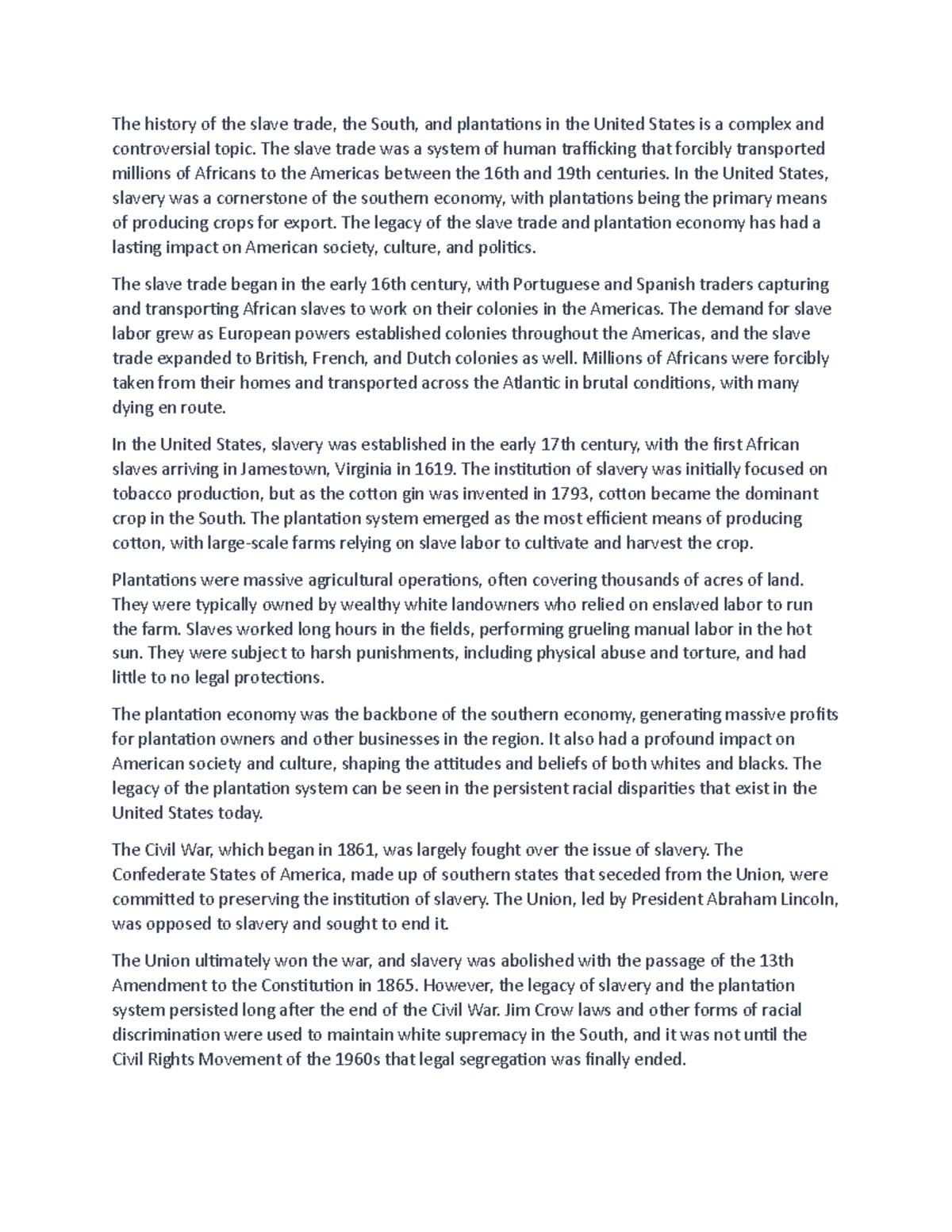 The Slave Trade, The South, and Plantations - The history of the slave ...