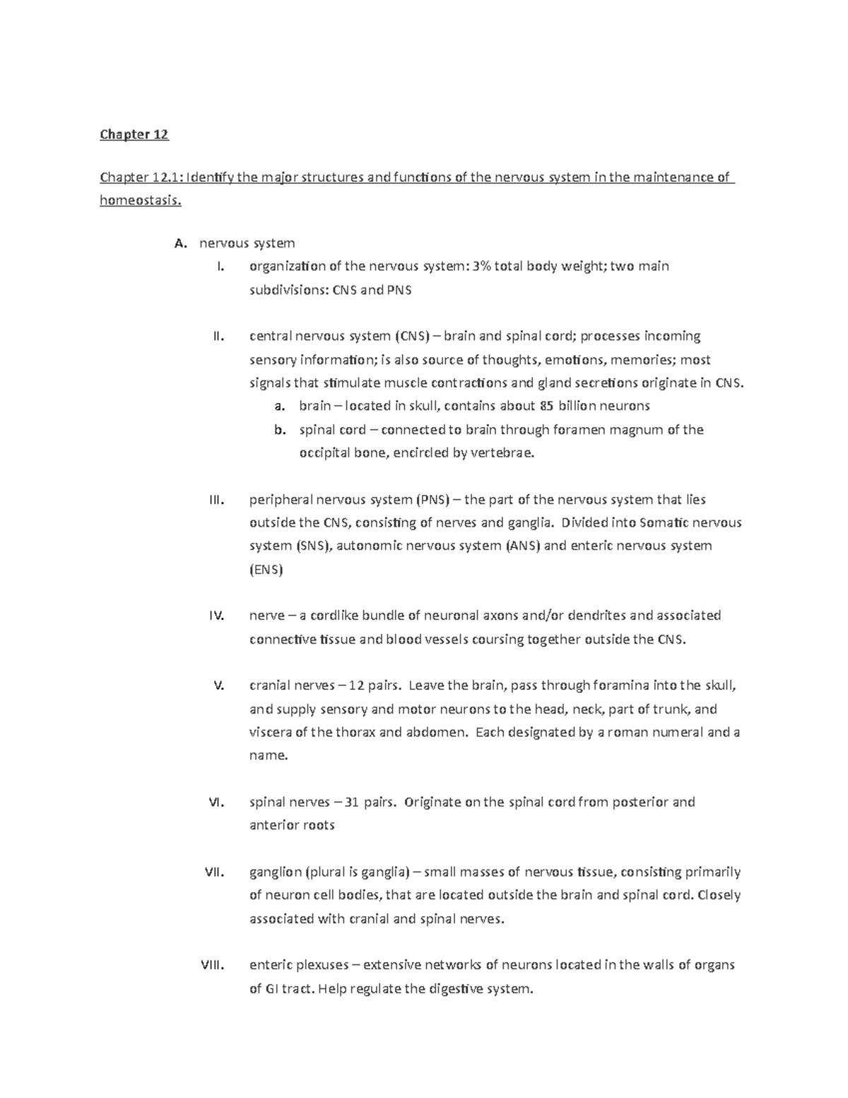 Chapter 12 nervous system - Chapter 12 Chapter 12: Identify the major ...