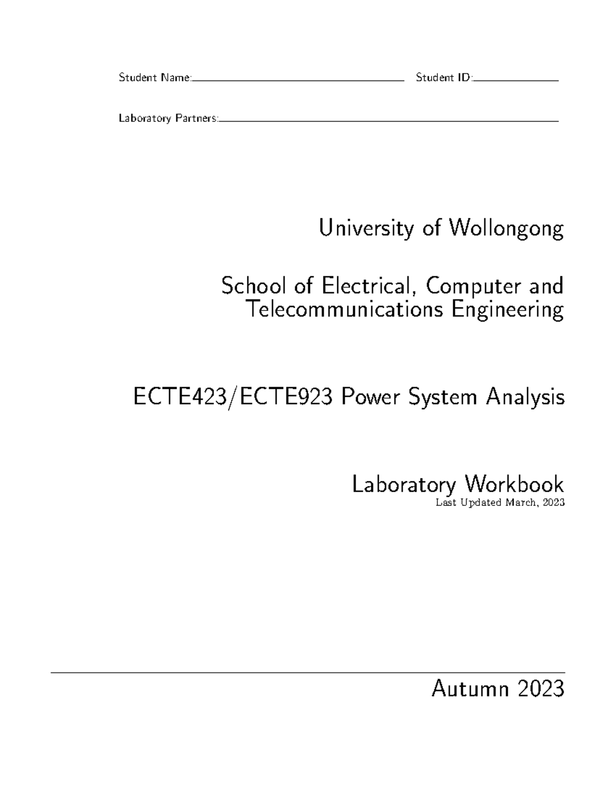 Lab Workbook ECTE423 923-Final - Student Name: Student ID: Laboratory ...