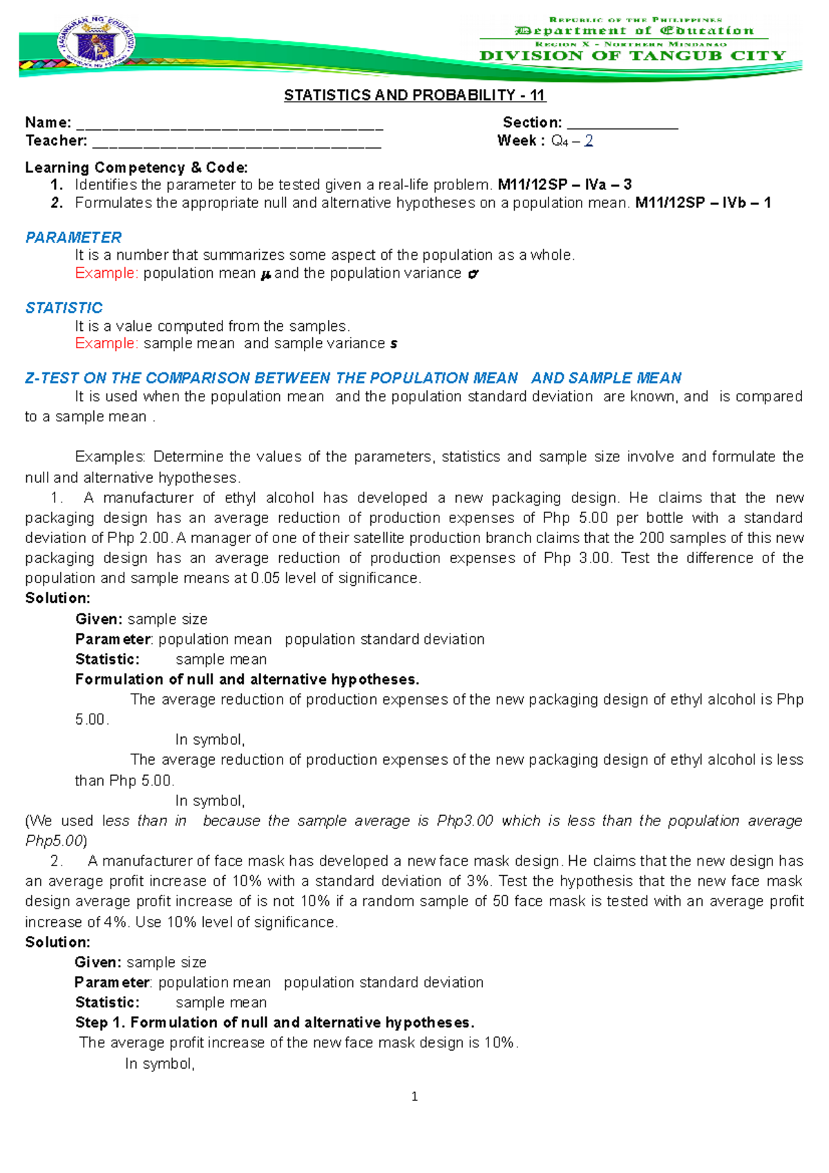 W2 - Module for Personal Development - STATISTICS AND PROBABILITY - 11 ...