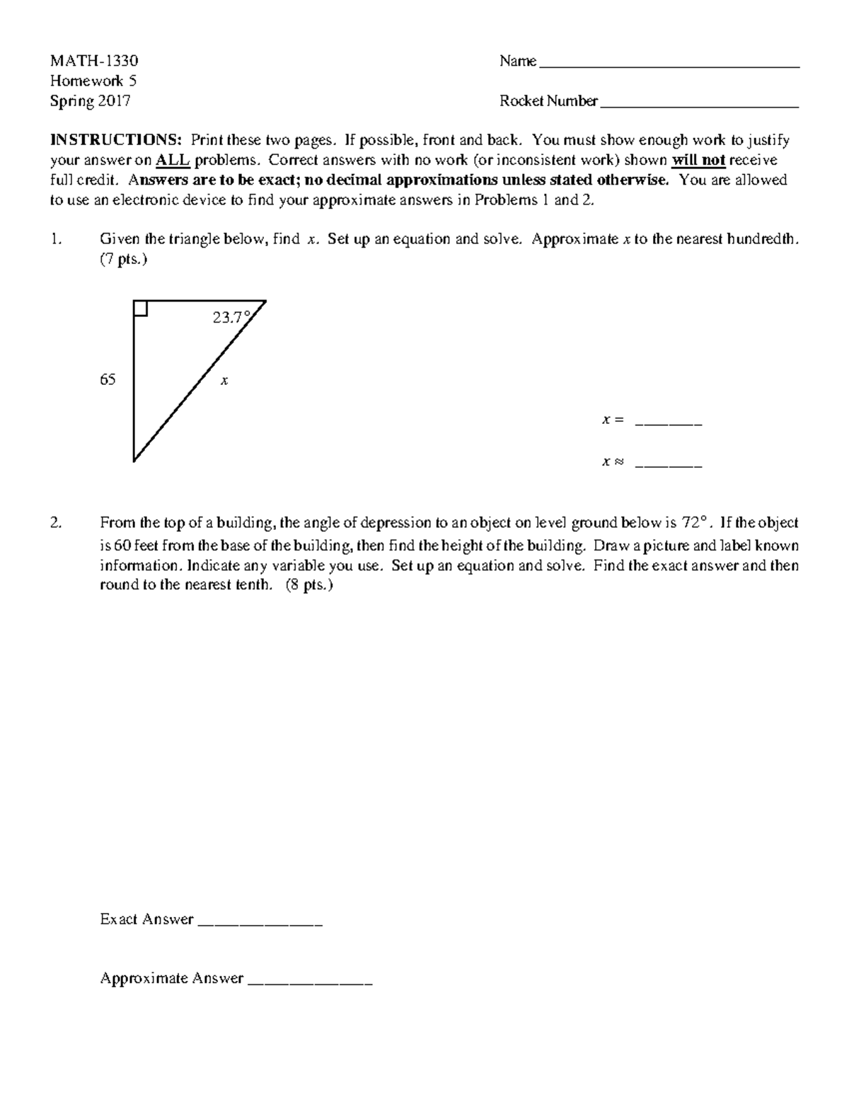 Problems 5MWF - Homework - MATH-1330 Name __________________________________ Homework 5 Spring ...