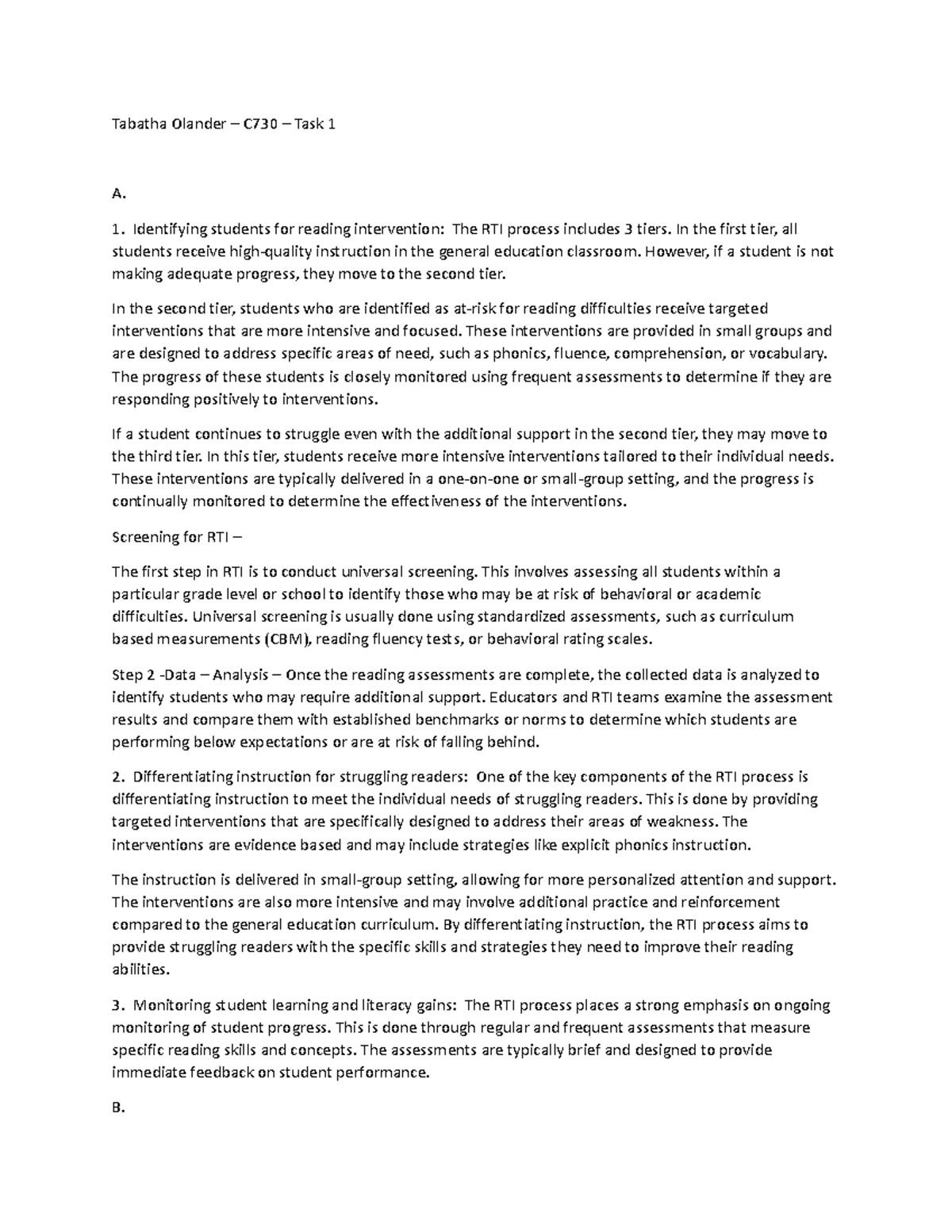C730 Task 1 - task 1 - Tabatha Olander – C730 – Task 1 A. Identifying ...