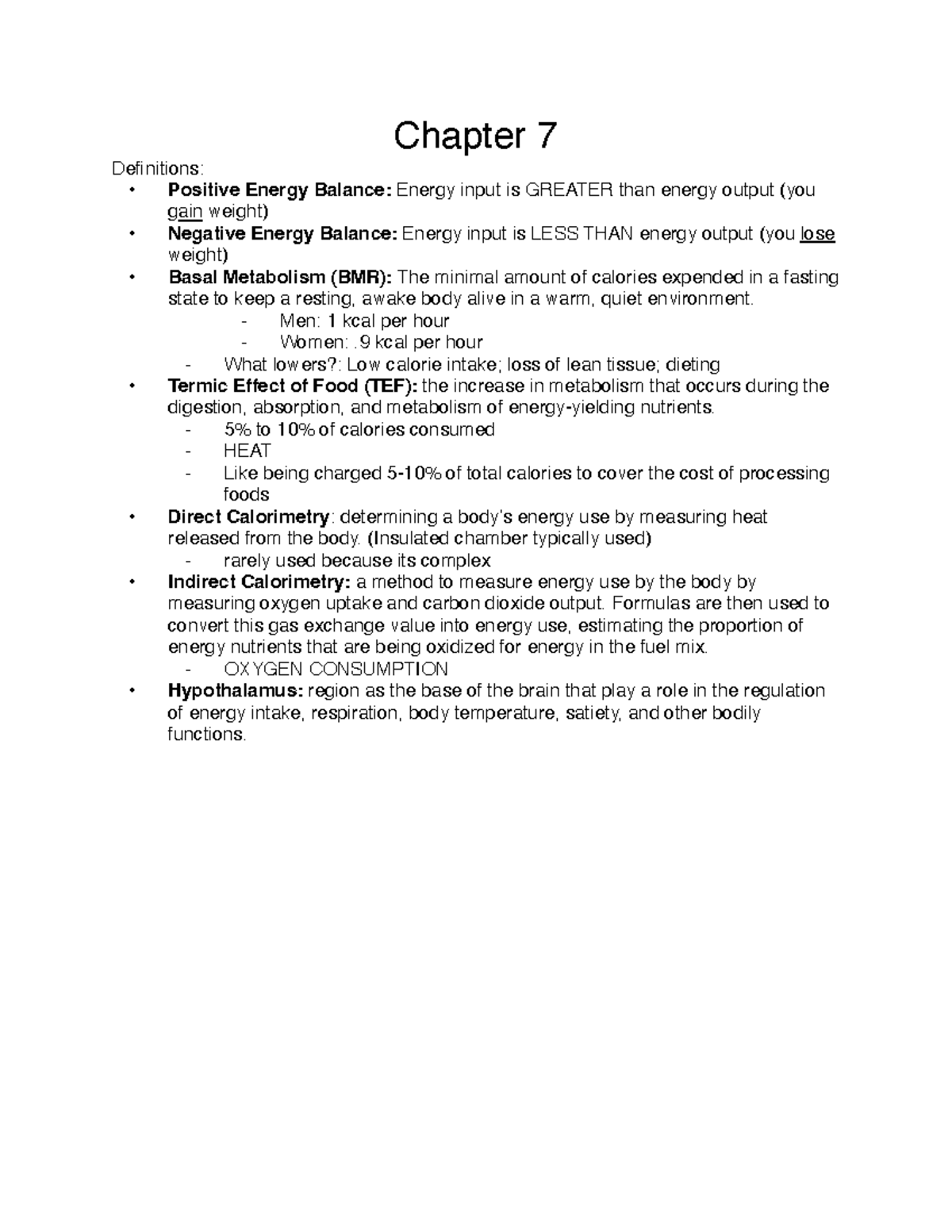 Chapter 7 - Food Energy - Chapter 7 Definitions: - Positive Energy ...