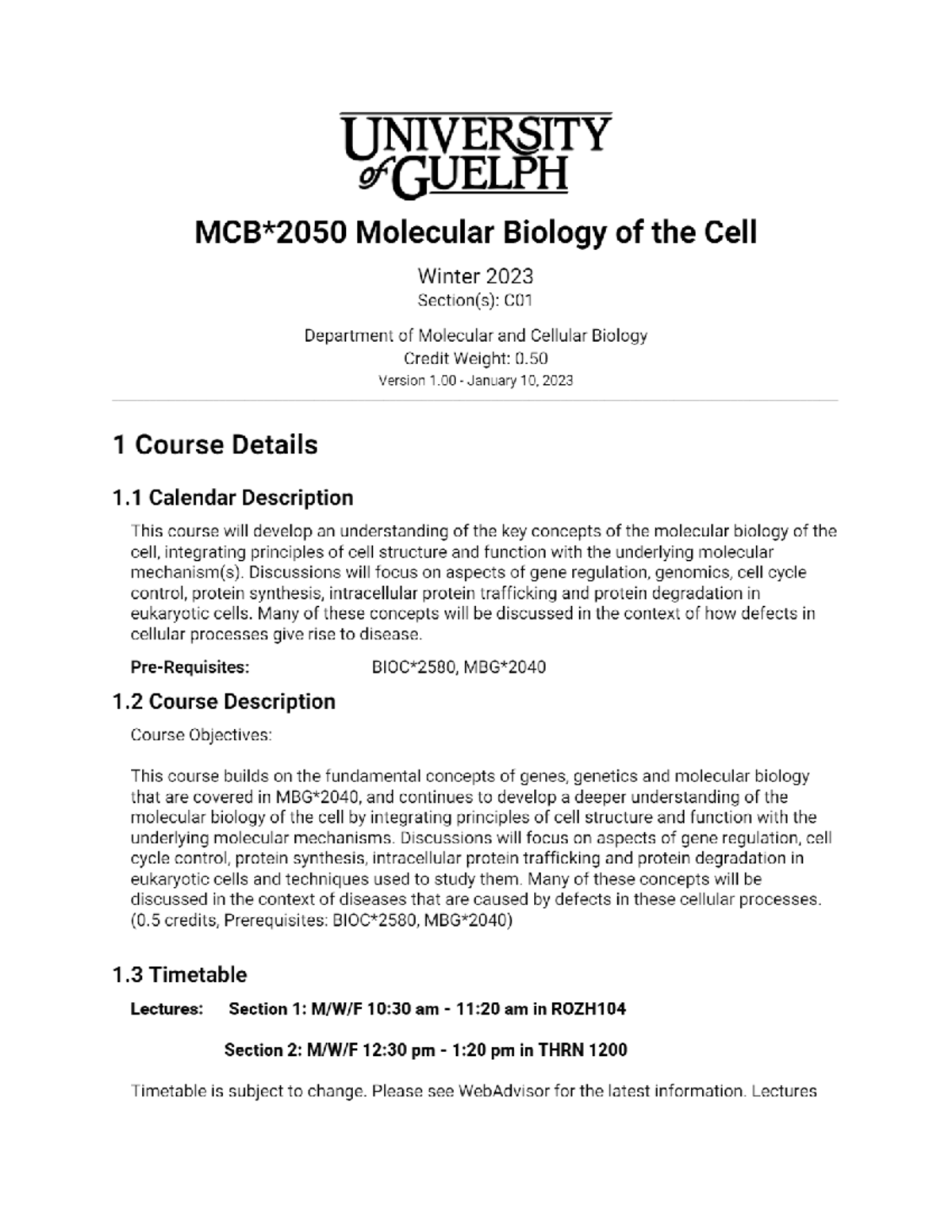 Course Outline - MCB 2050 (0101) W23 - Molecular Biology of the Cell ...