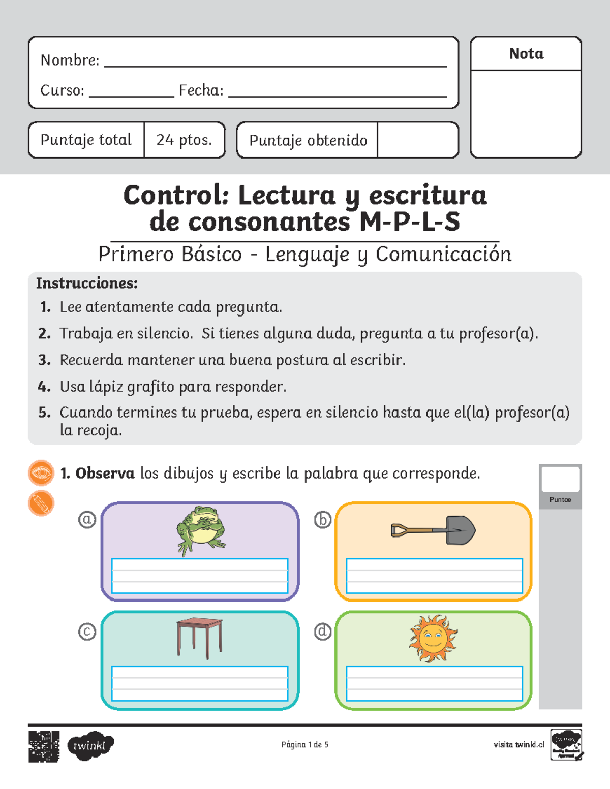 Prueba l m s p - Cuadernillo - a b c d Control: Lectura y escritura de ...