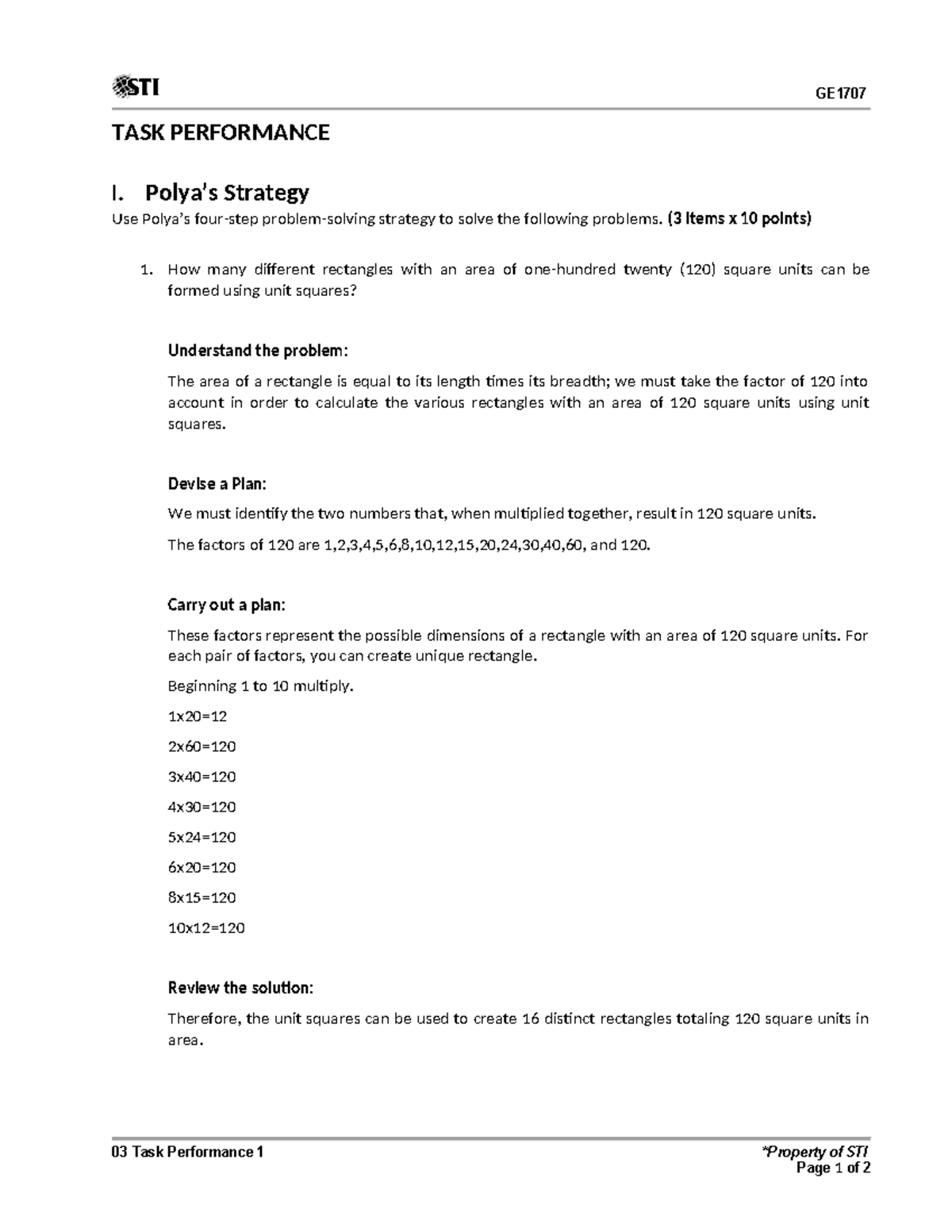 03 Task Performance ( Polya Strategy) - 03 Task Performance 1 *Property of STI TASK PERFORMANCE ...