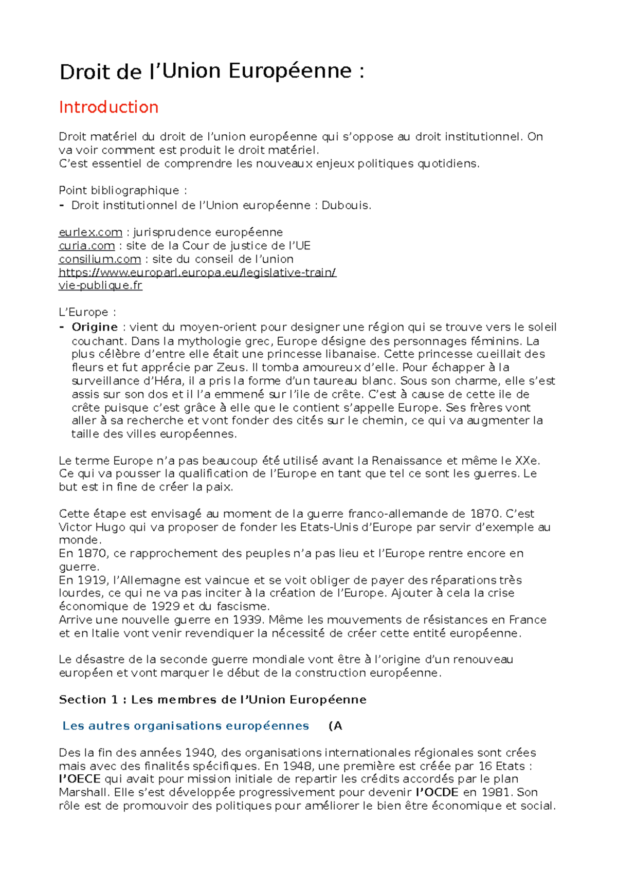 Droit l'UE - cours de l2 - Droit de l’Union Européenne : Introduction ...
