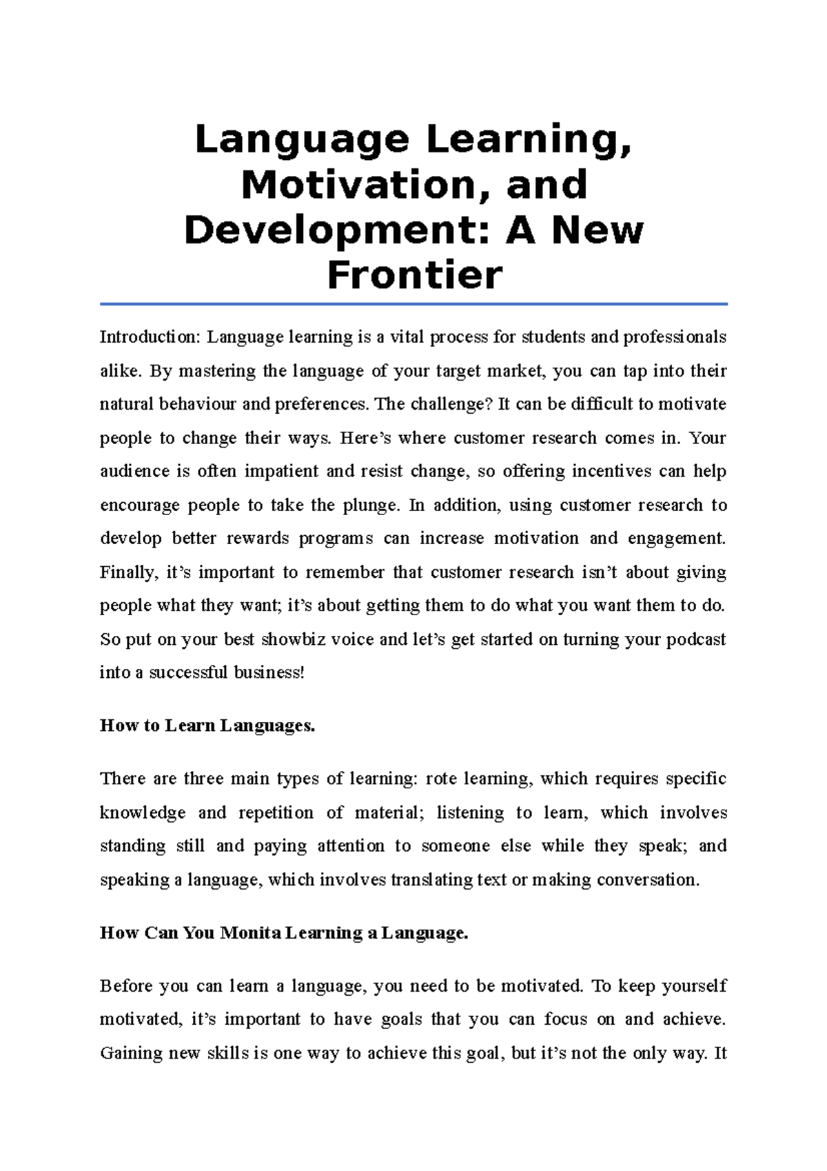 Language Learning, Motivation, and Development, A New Frontier ...