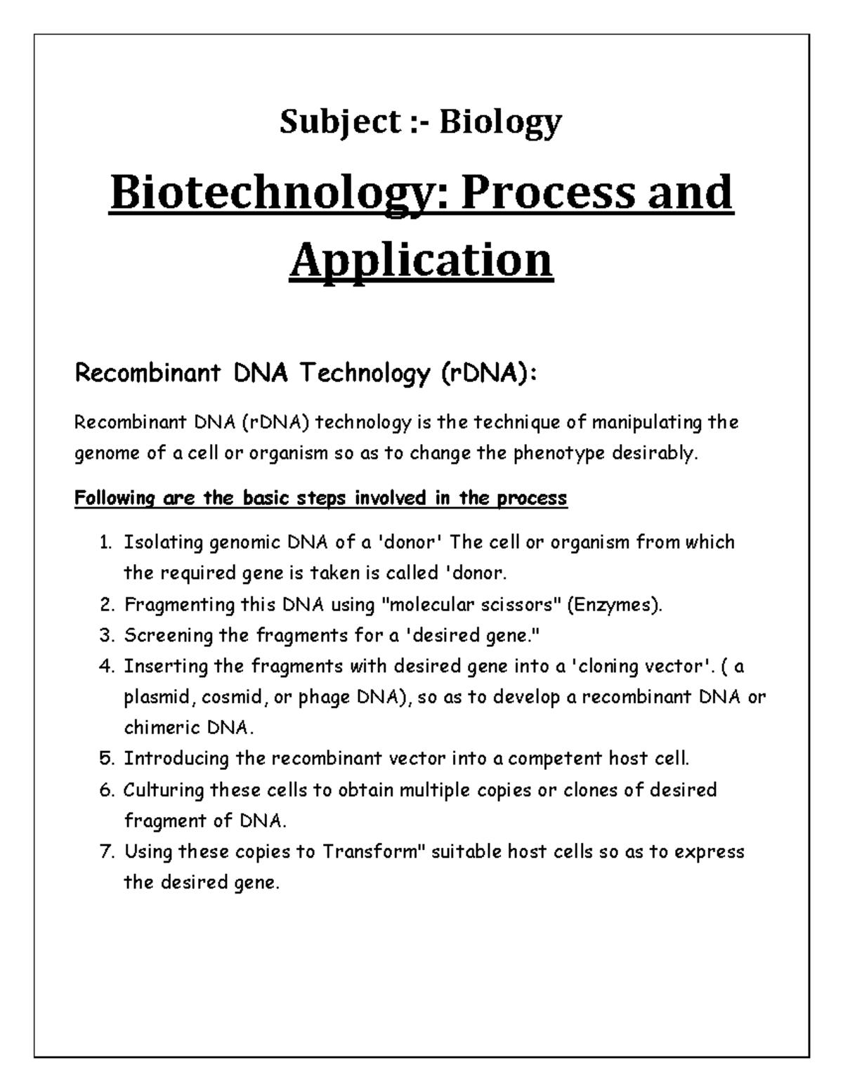 Biotechnology class notes - Subject :- Biology Biotechnology: Process ...
