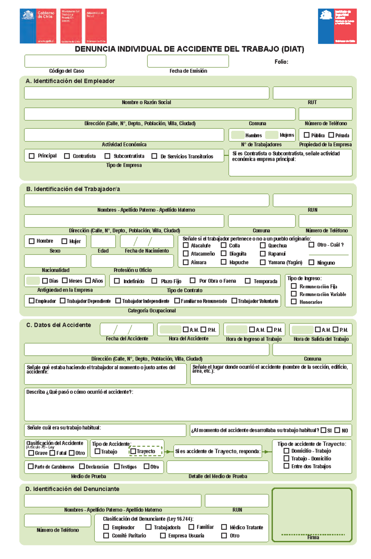 DIAT ISL - formato - DENUNCIA INDIVIDUAL DE ACCIDENTE DEL TRABAJO (DIAT) Nombre o RazÛn Social ...