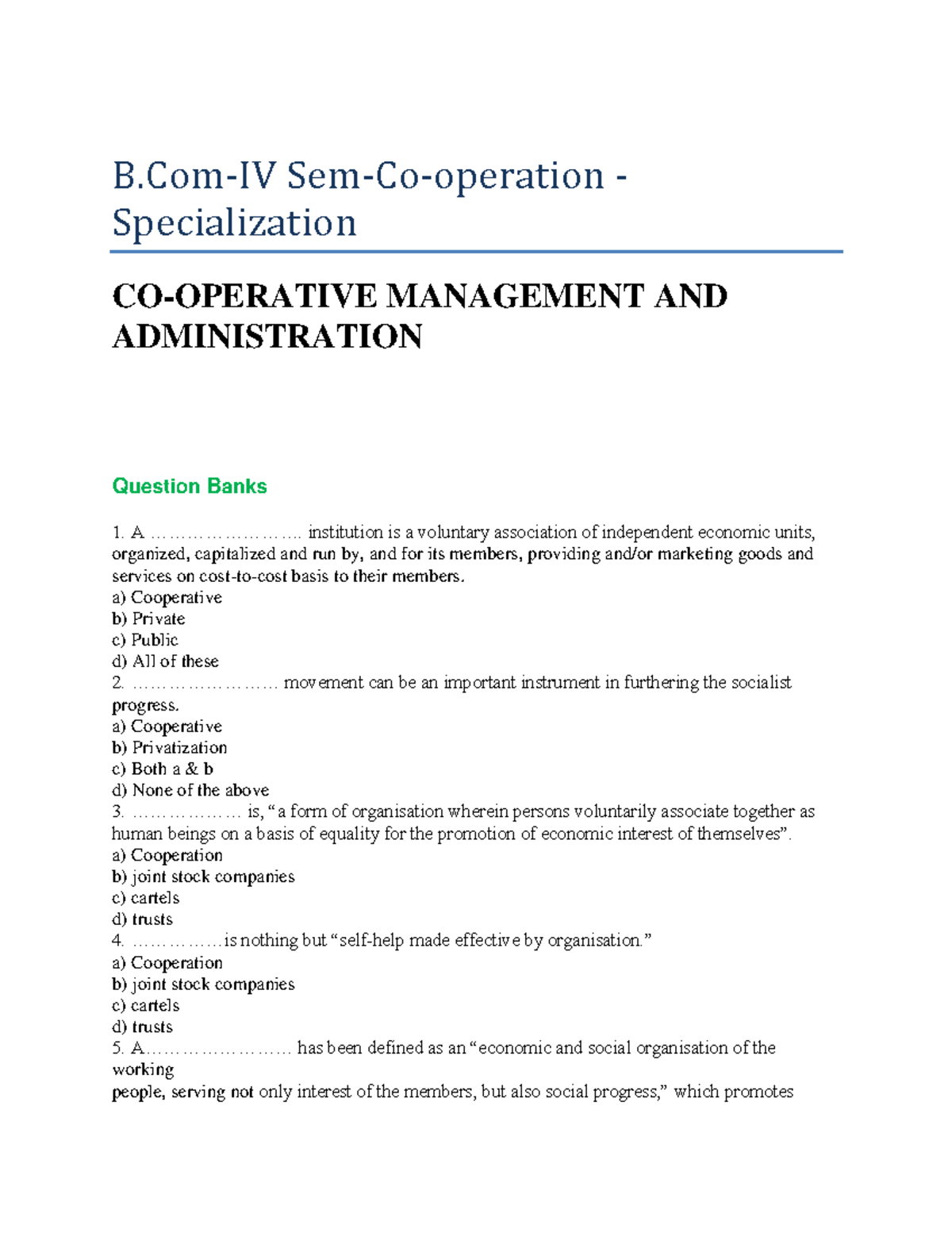 Bcom co- operation-co operative management & administration - B-IV Sem-Co-operation ...
