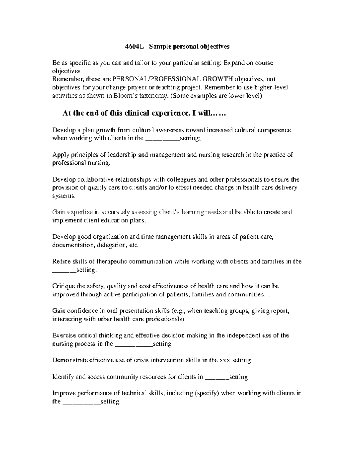 4604L sample objectives rev - 4604L Sample personal objectives Be as ...