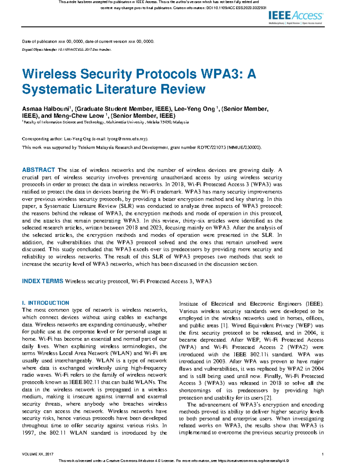Wireless Security Protocols WPA3 A Systematic Lite - VOLUME XX, 20 17 1 ...