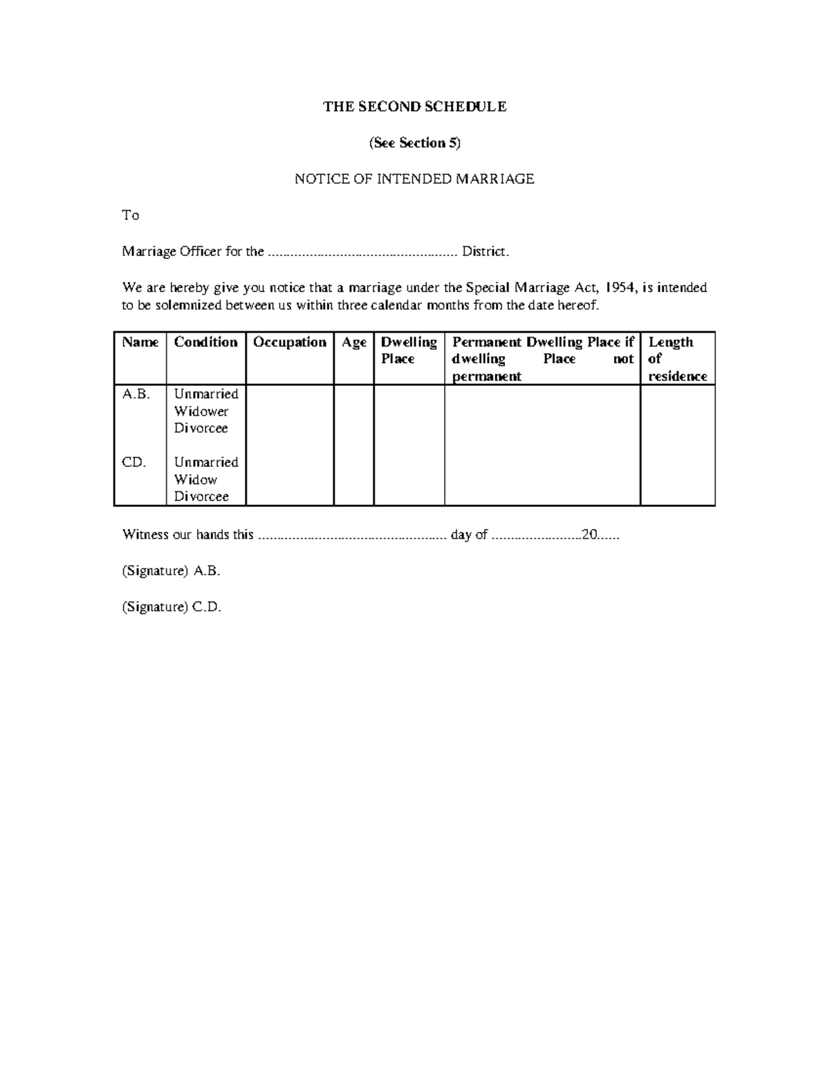 Special marriage forms - THE SECOND SCHEDULE (See Section 5) NOTICE OF ...