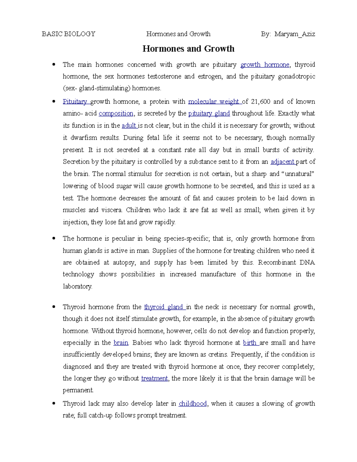 Hormones and growth - Notes - BASIC BIOLOGY Hormones and Growth By ...