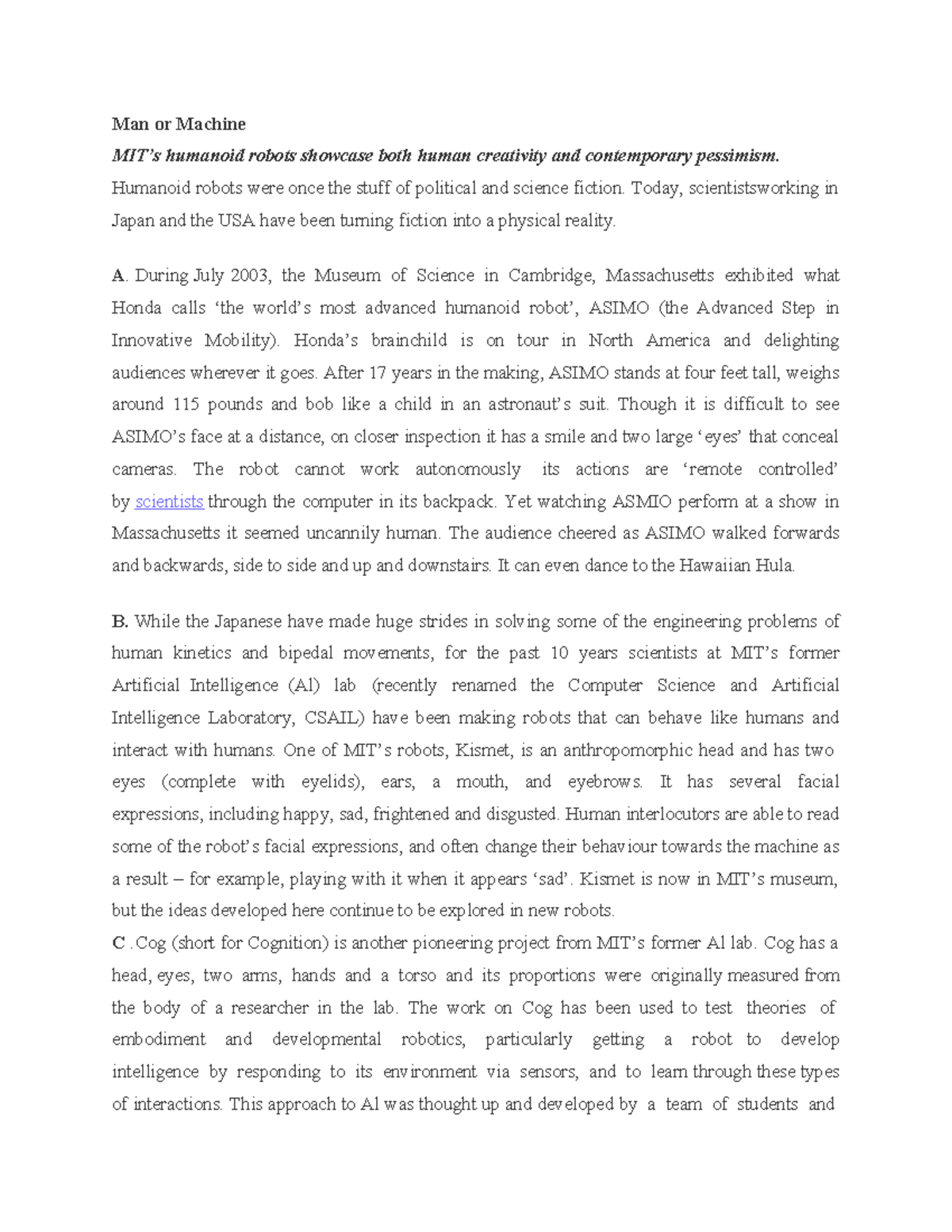 Man or Machine - CSDV - Man or Machine MIT’s humanoid robots showcase ...