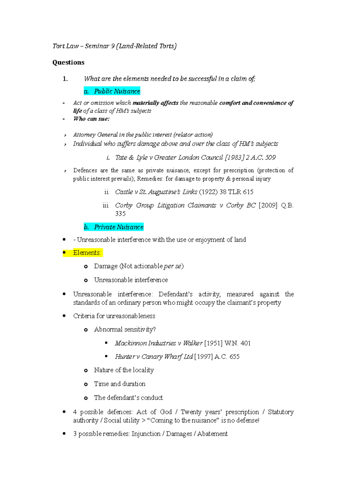 Tort Law – Seminar 9 - Answering questions on land-related torts ...