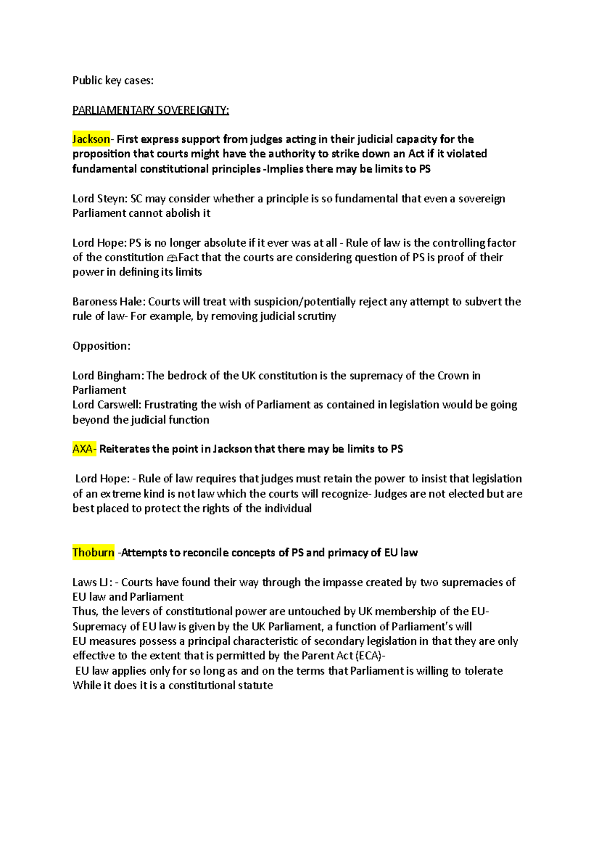 Public key cases - notes - Public key cases: PARLIAMENTARY SOVEREIGNTY ...