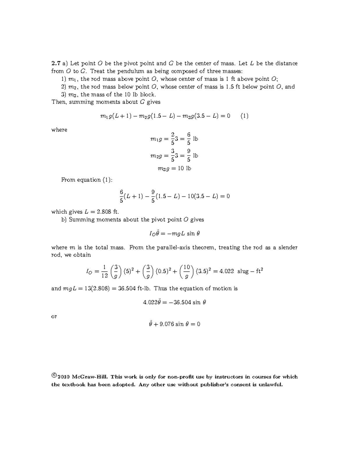 System dynamics 2nd edition solution - Let pointObe the pivot point andGbe the center of mass ...