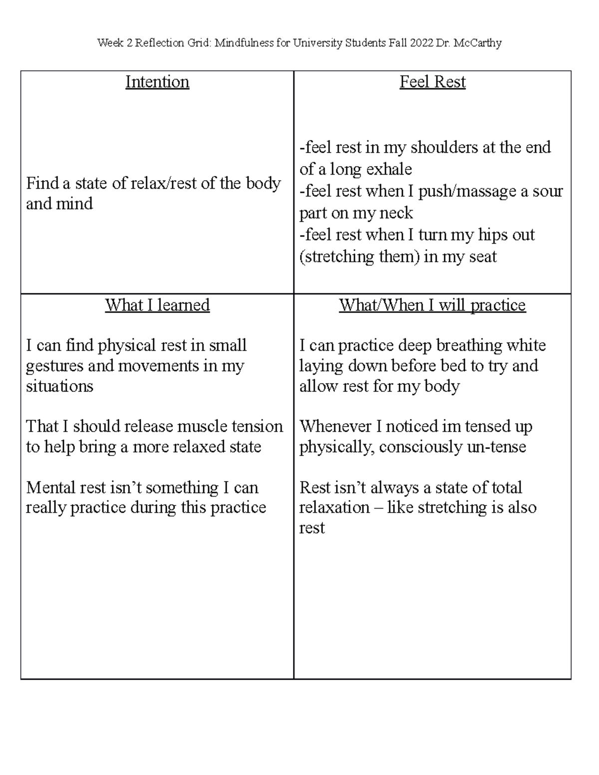Reflection Grid - Week 2 - Week 2 Reflection Grid: Mindfulness for ...