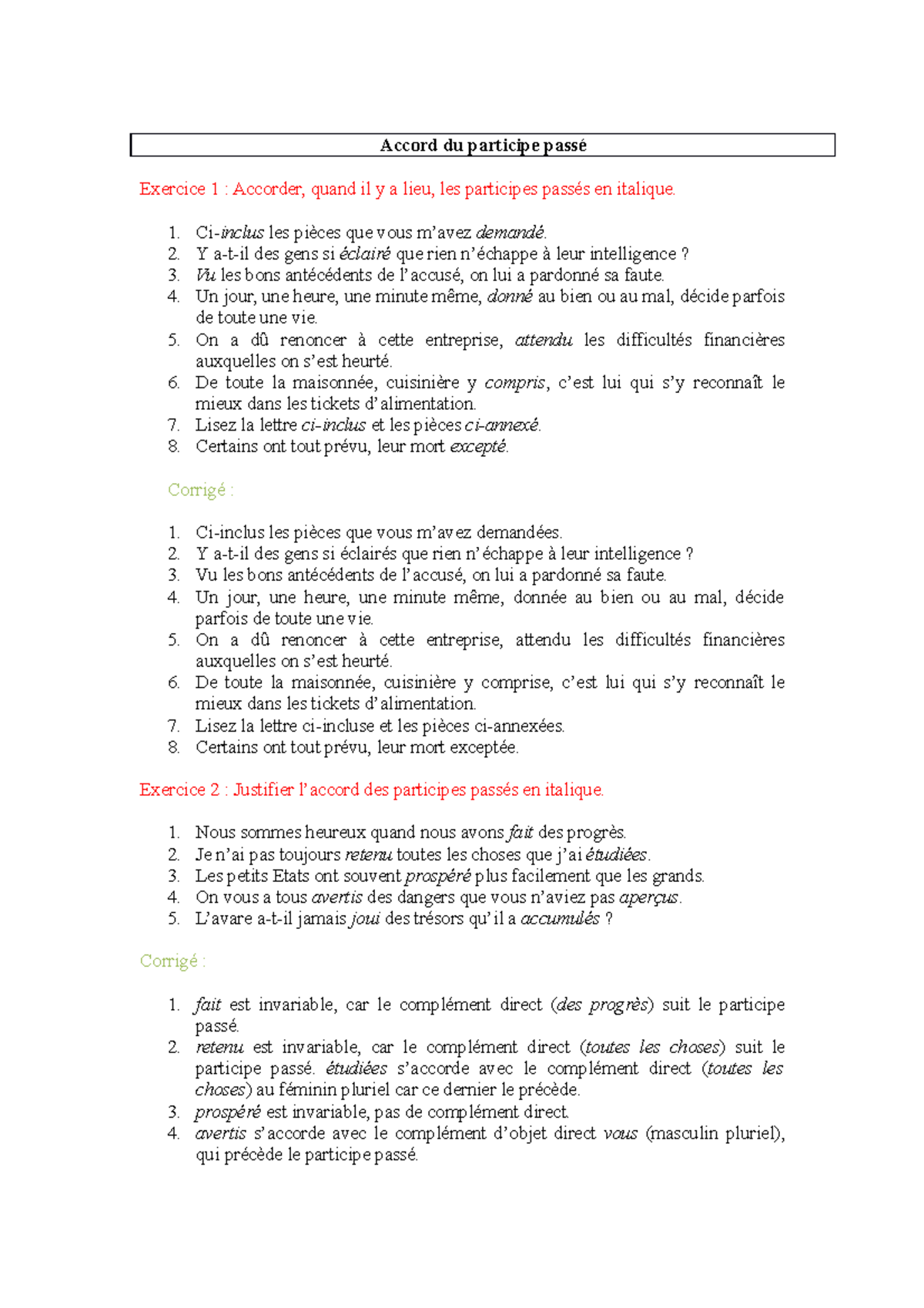 Accord participe passe corrigé - Accord du participe passé Exercice 1 ...