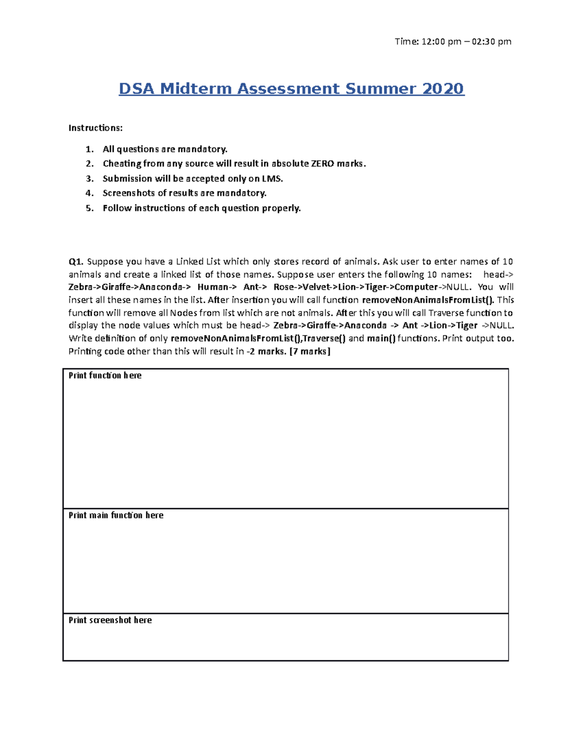 Midterm 14 November 2020, questions - DSA Midterm Assessment Summer ...