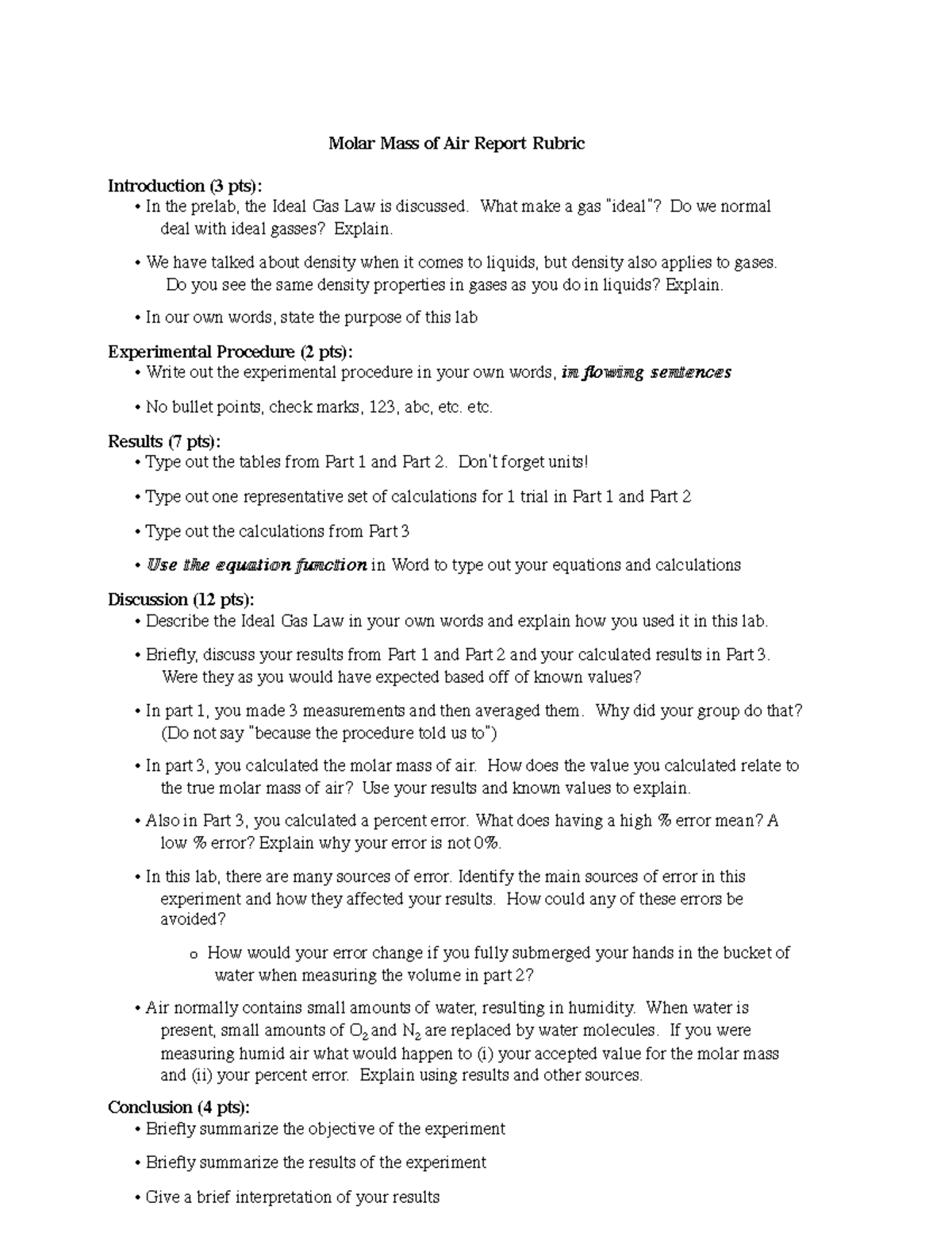 Molar Mass of Air Report Rubric stu - Molar Mass of Air Report Rubric ...