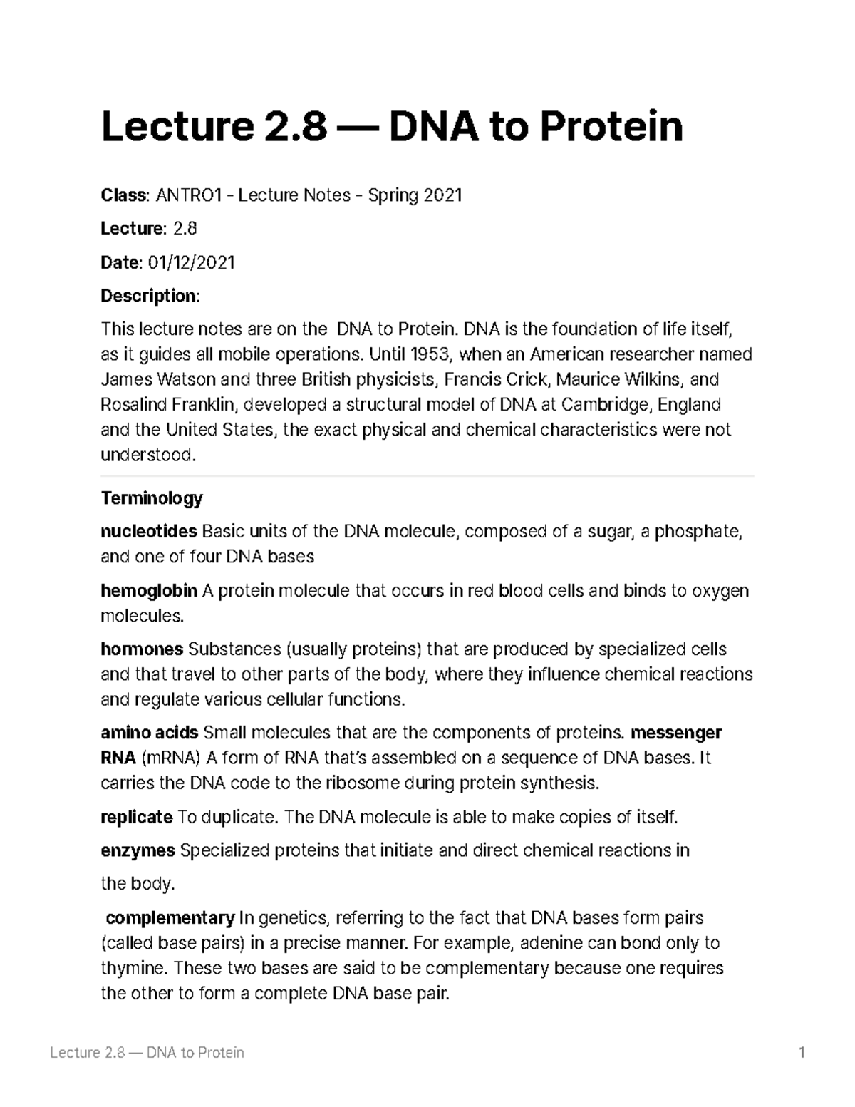 Le82020 dna20to20protein - Lecture 2 — DNA to Protein Class : ANTRO1 ...
