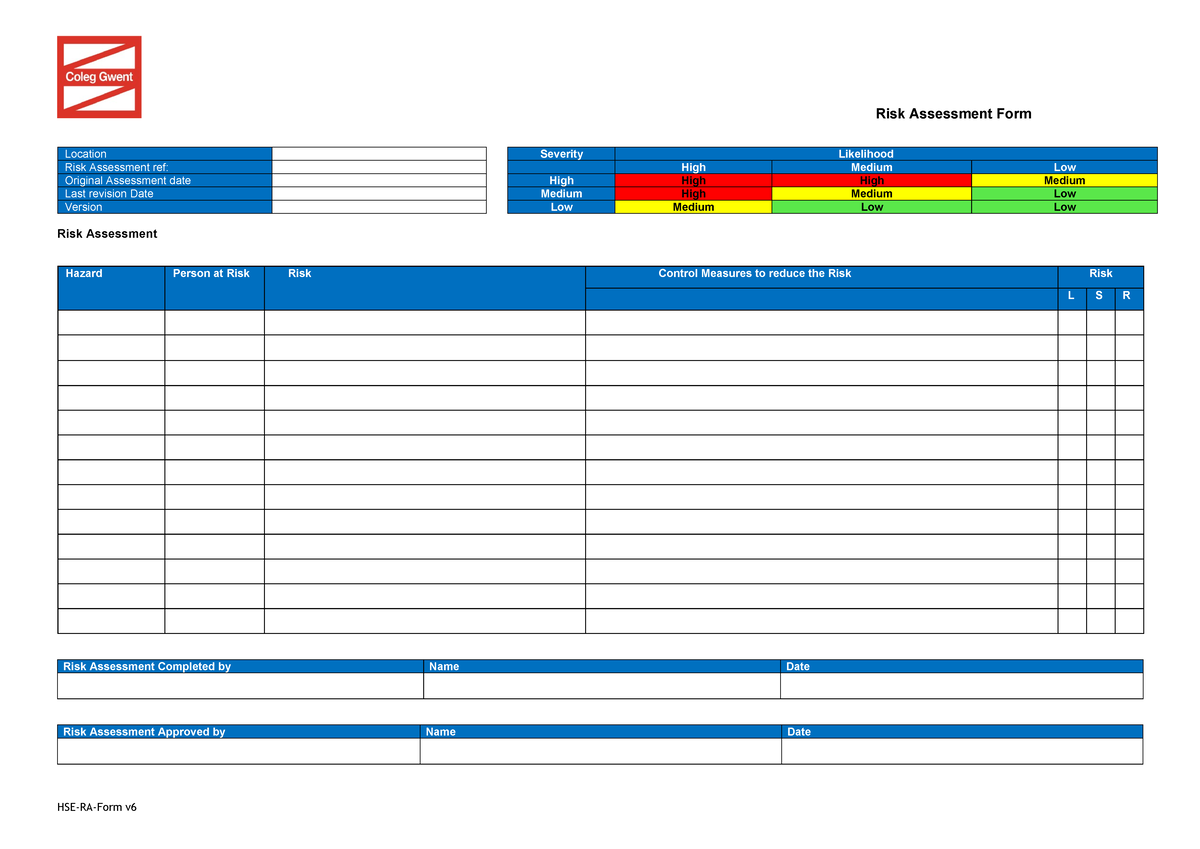 Project Planning - Risk Assessment - Risk Assessment Form Location ...