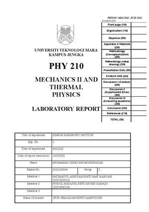 Physics Experiment 2 Lab Simple Harmonic Motion - PHY MECHANICS II AND ...