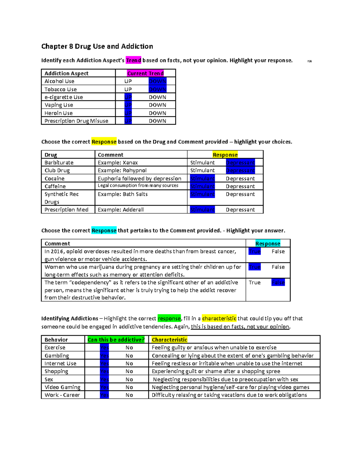 Assignment 5, Chapter 8 - Chapter 8 Drug Use and Addiction Identify each Addiction Aspect’s ...