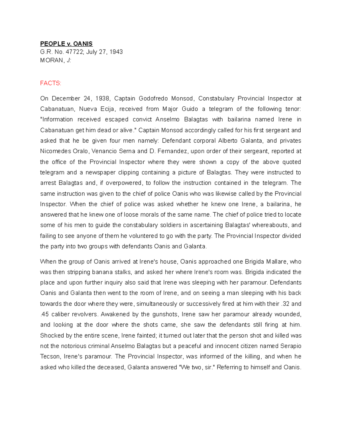 7. People v. Oanis - Case digest - PEOPLE v. OANIS G. No. 47722; July ...