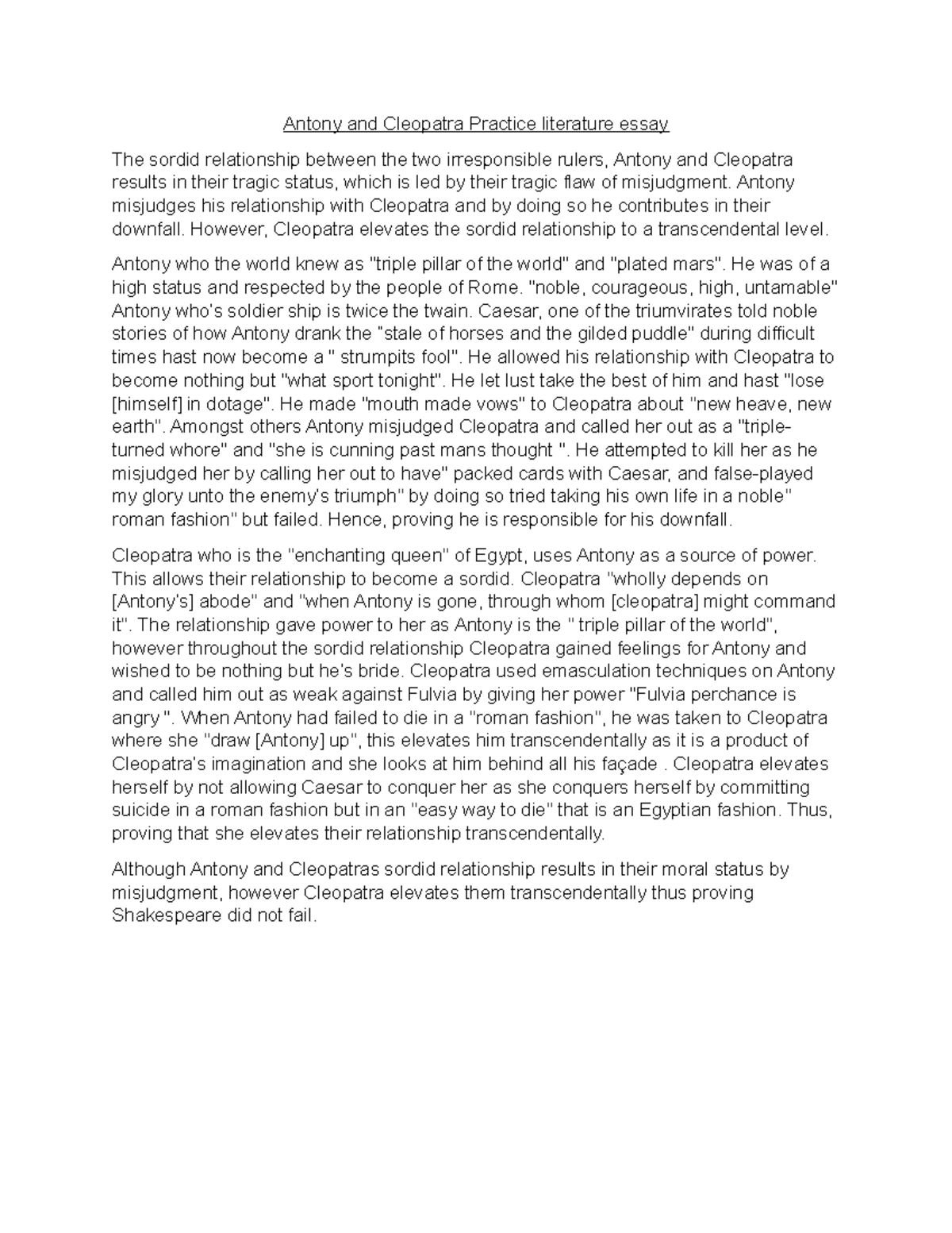 Antony and Cleopatra Practice literature essay aafiya Bataviya 12E1 ...