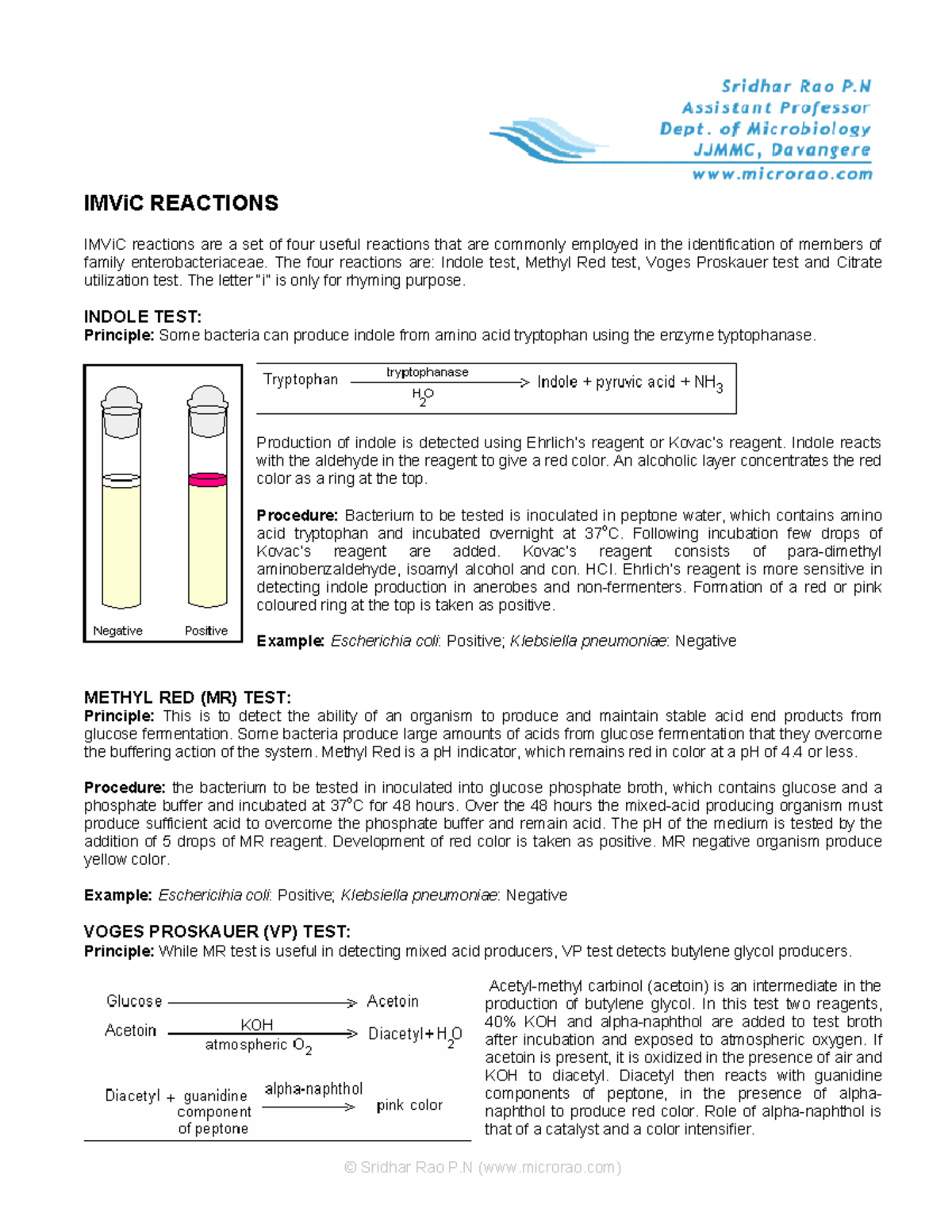 Imvic - © Sridhar Rao P (microrao) IMViC REACTIONS IMViC reactions are ...