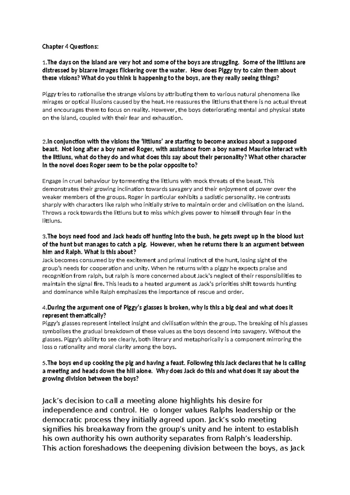 Chapter 4 Lord of the Flies - Chapter 4 Questions: 1 days on the island ...