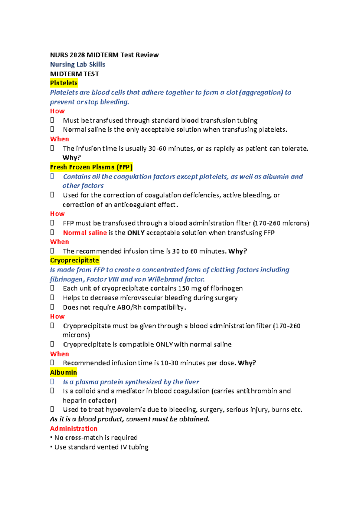 Part 4-NURS 2028 (Lab) Midterm Test Review - NURS 2028 MIDTERM Test ...