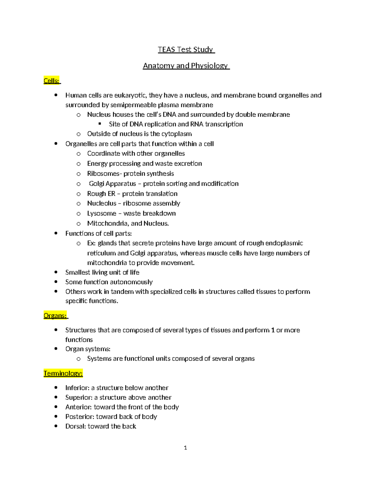 TEAS Test Study 2 - TEAS Test Study Anatomy and Physiology Cells: Human ...