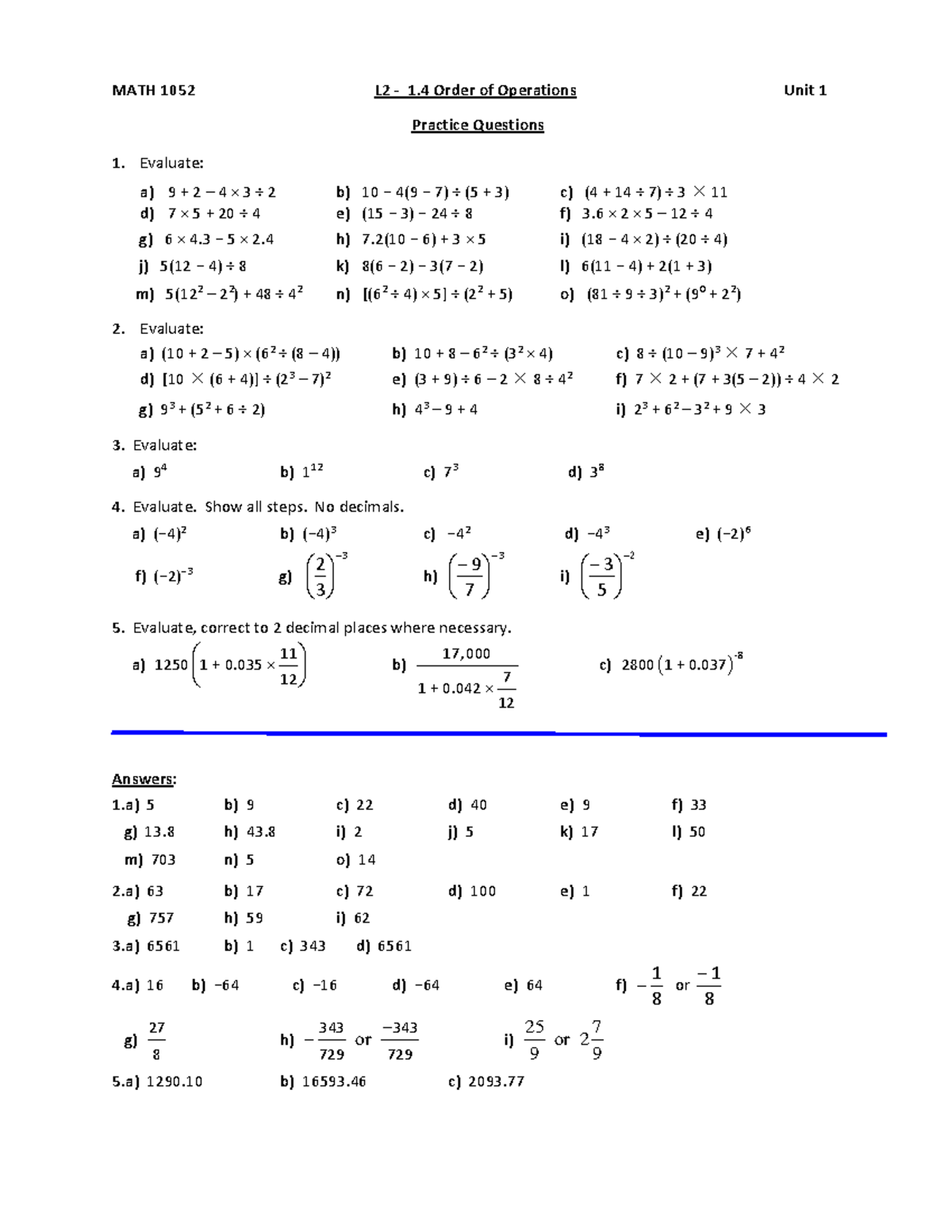 L2 - 1.4 Order of Operations Practice - MATH 1 052 L 2 - 1. 4 Order of ...