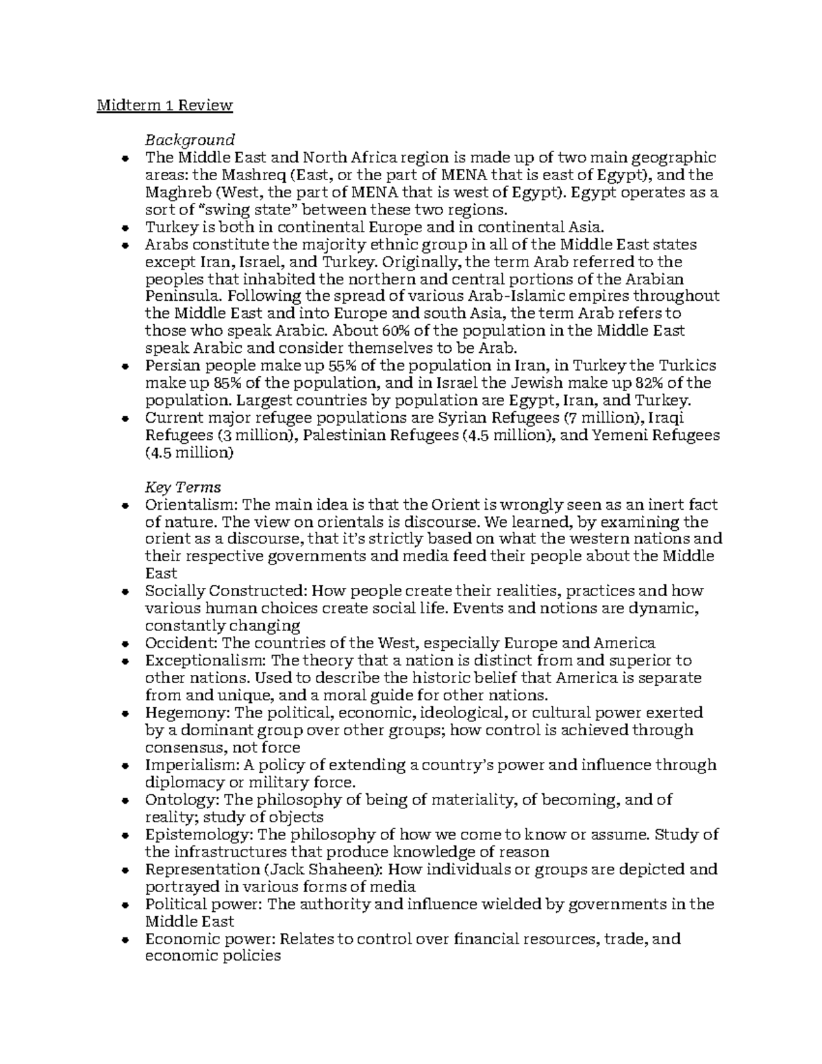 Intro to Modern Middle East - Midterm 1 Review Background The Middle ...