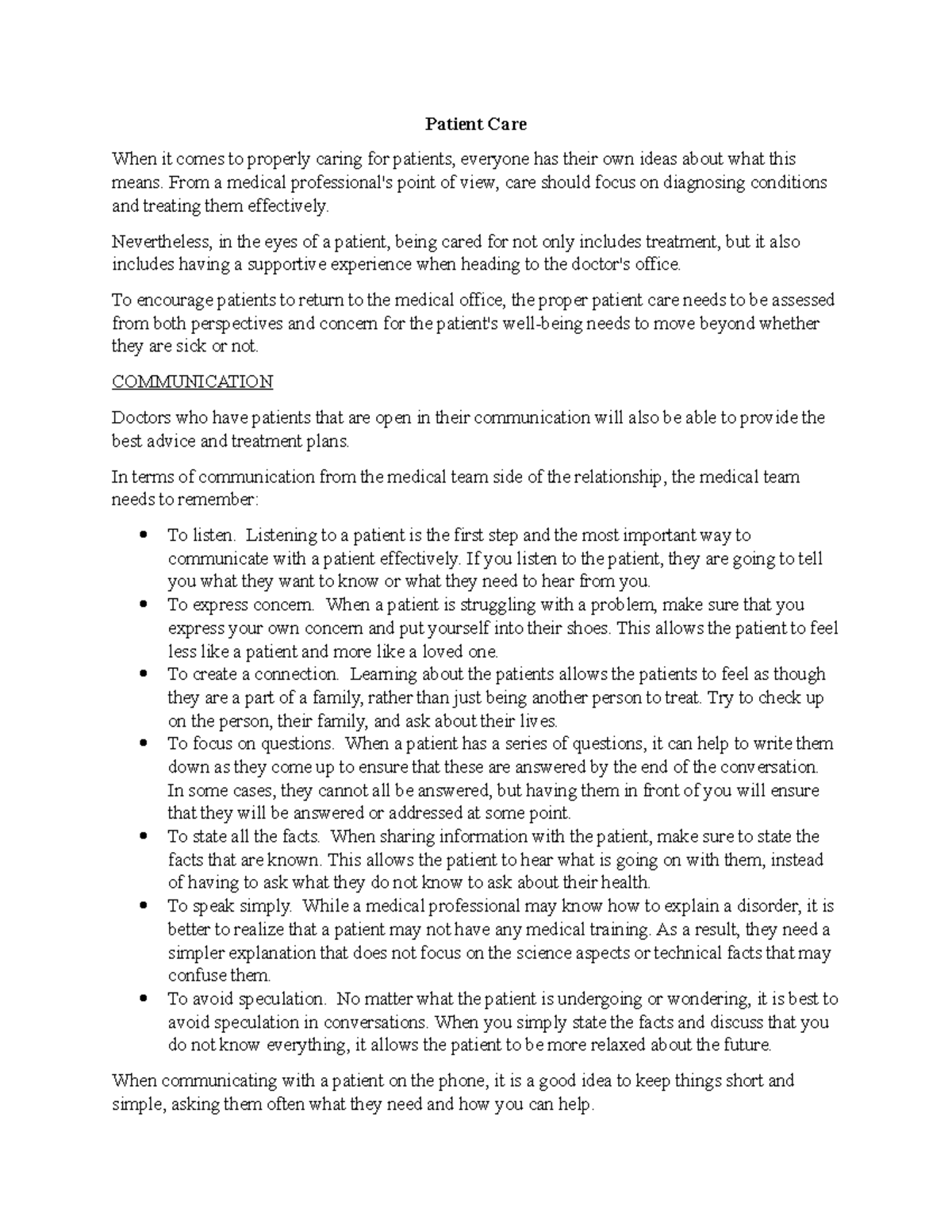 Lesson 8 Outline Proper Patient Care - Patient Care When it comes to ...