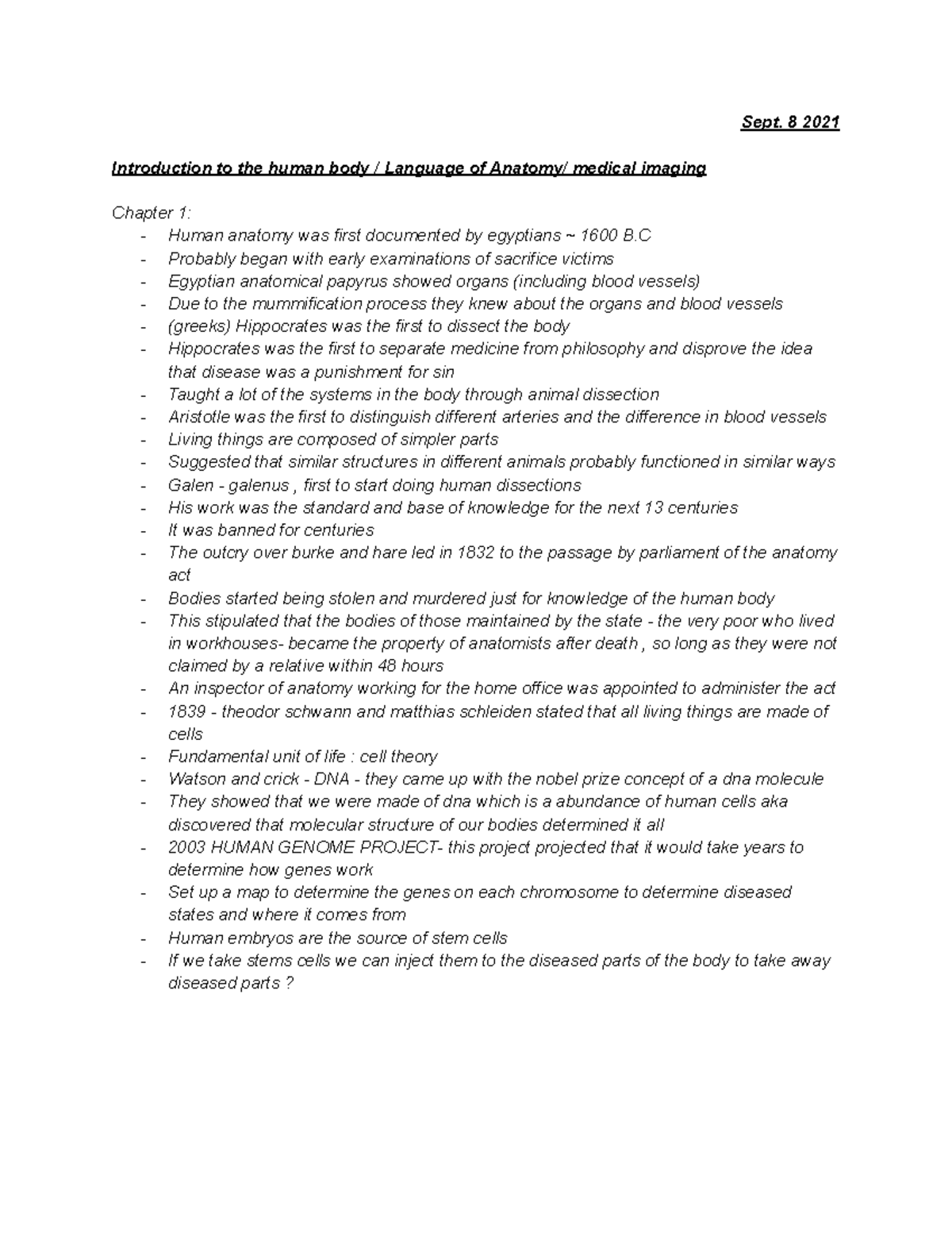 Anatomy notes - Sept. 8 2021 Introduction to the human body / Language ...