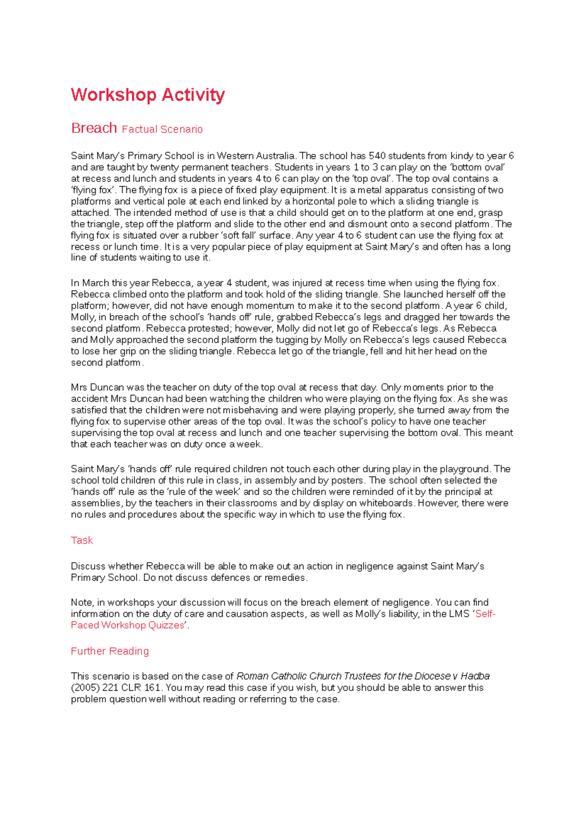 Breach WS - Workshop Activity Breach Factual Scenario Saint Mary’s ...