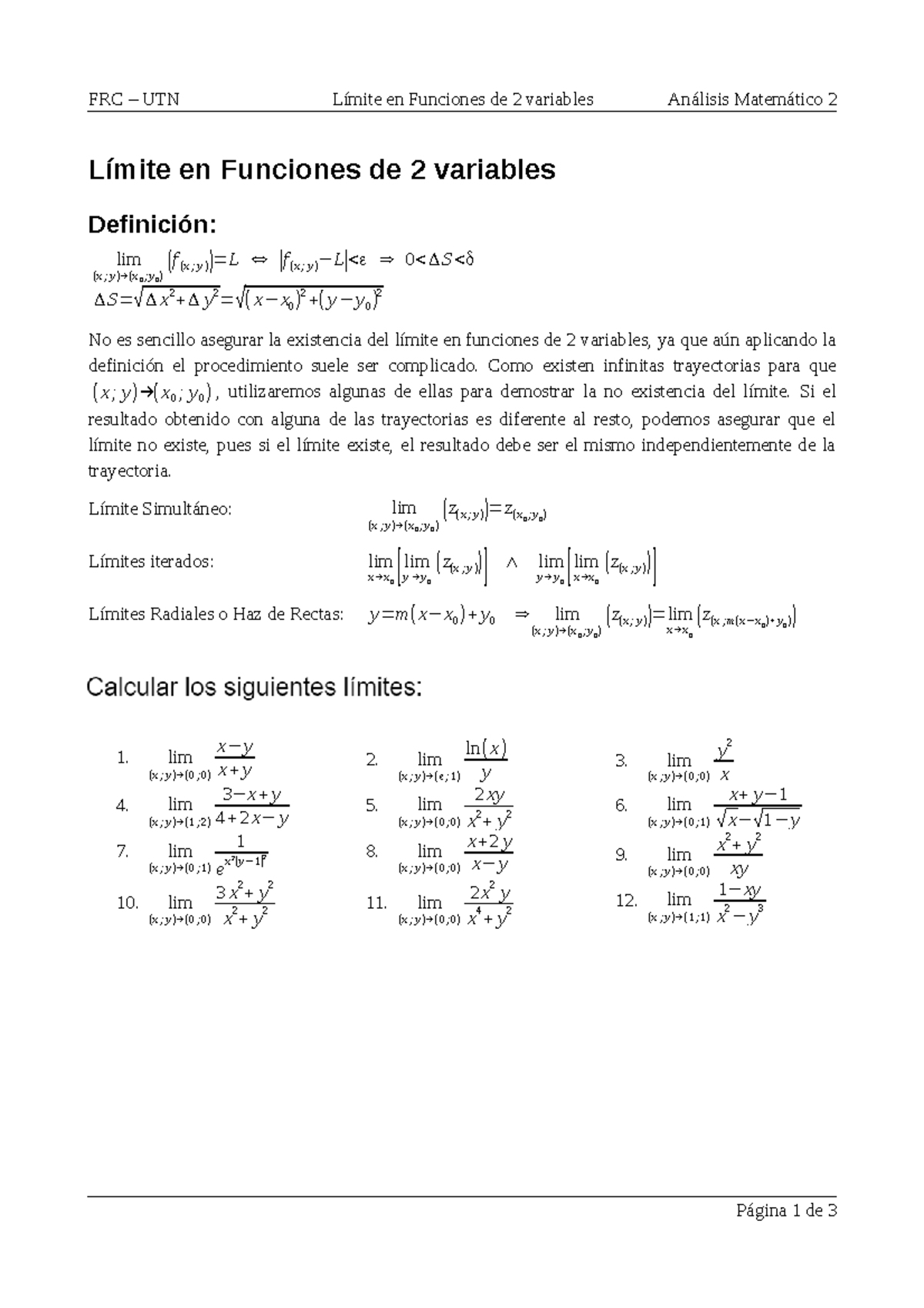 2 Limite Asdas Frc Utn Límite En Funciones De 2 Variables