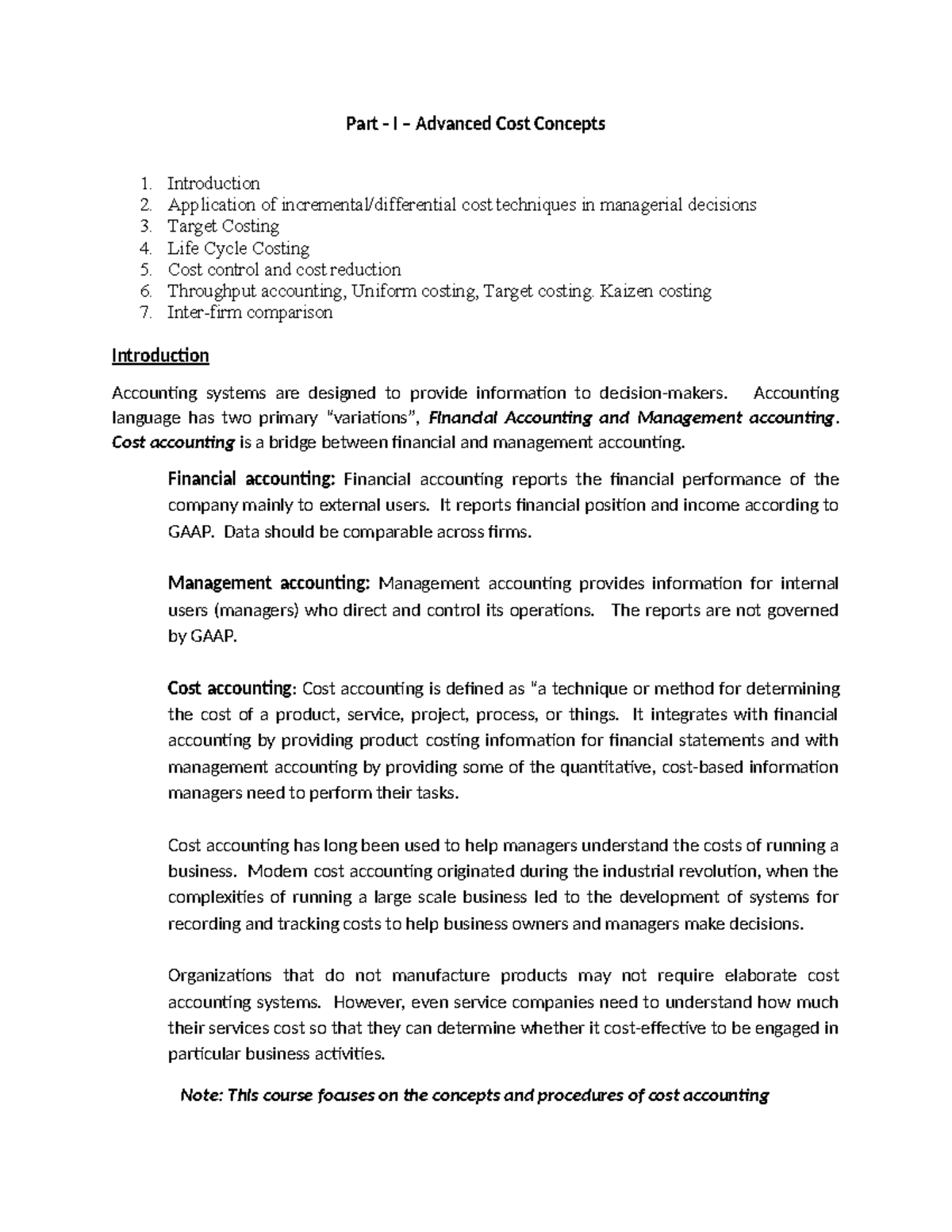 Part - 1 - advanced Cost Concepts - Part - I – Advanced Cost Concepts 1. Introduction 2 ...