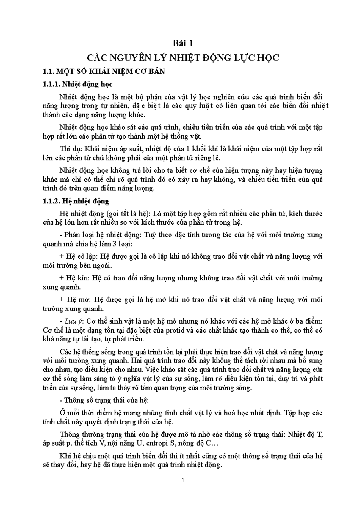 Sách Lý sinh 15 tiết, 2021 - Bài 1 CÁC NGUYÊN LÝ NHIỆT ĐỘNG LỰC HỌC 1. MỘT SỐ KHÁI NIỆM CƠ BẢN 1 ...
