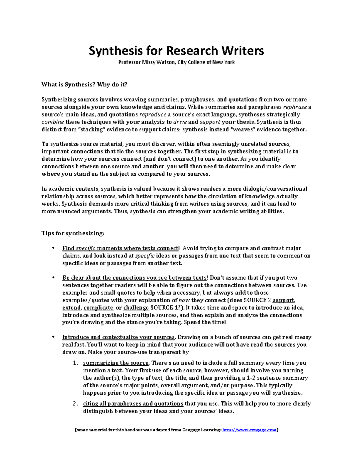 Synthesis Handout - Freshman Composition - Synthesis for Research ...