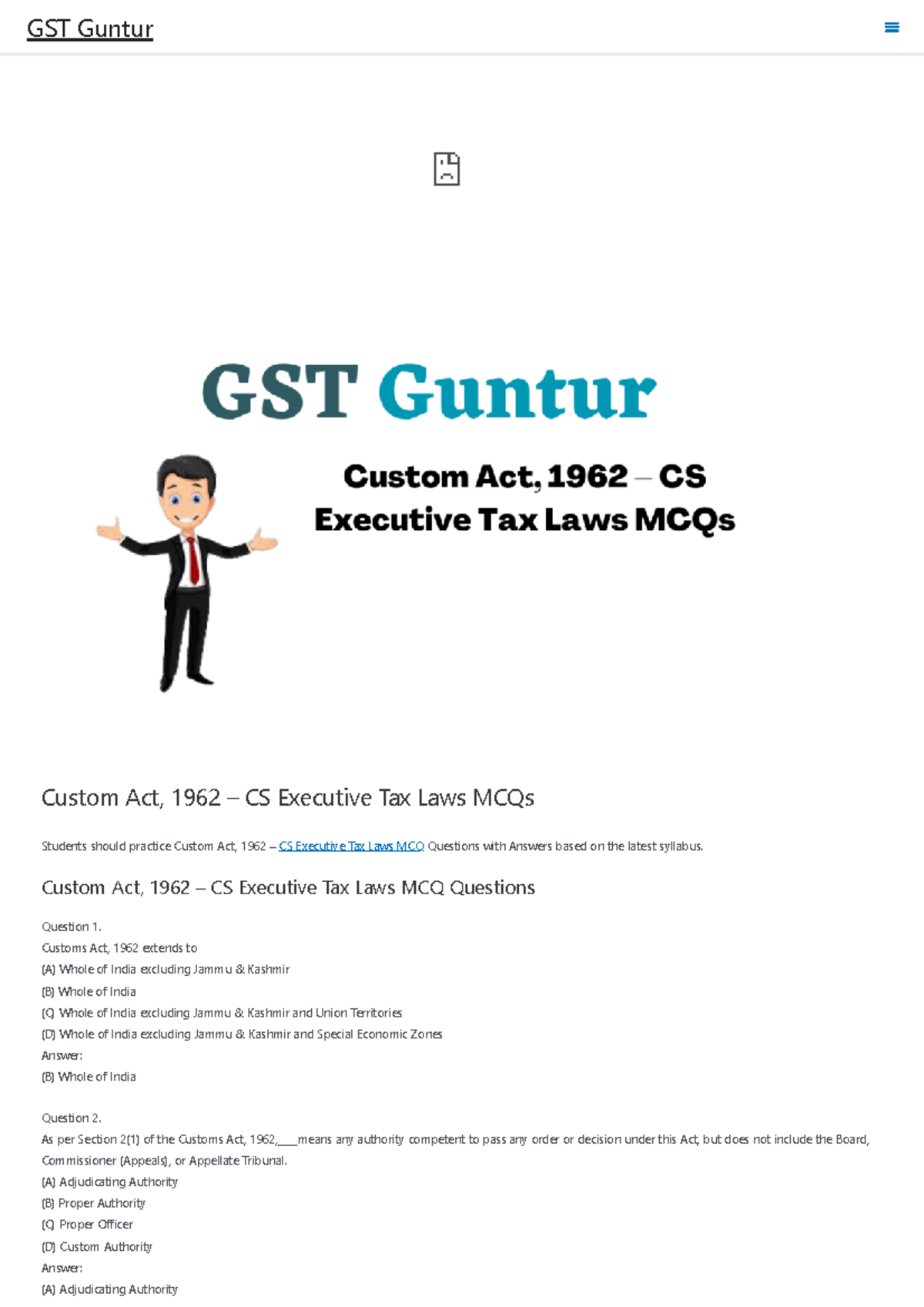 Custom Act, 1962 – CS Executive Tax Laws MCQs – GST Guntur - Custom Act ...