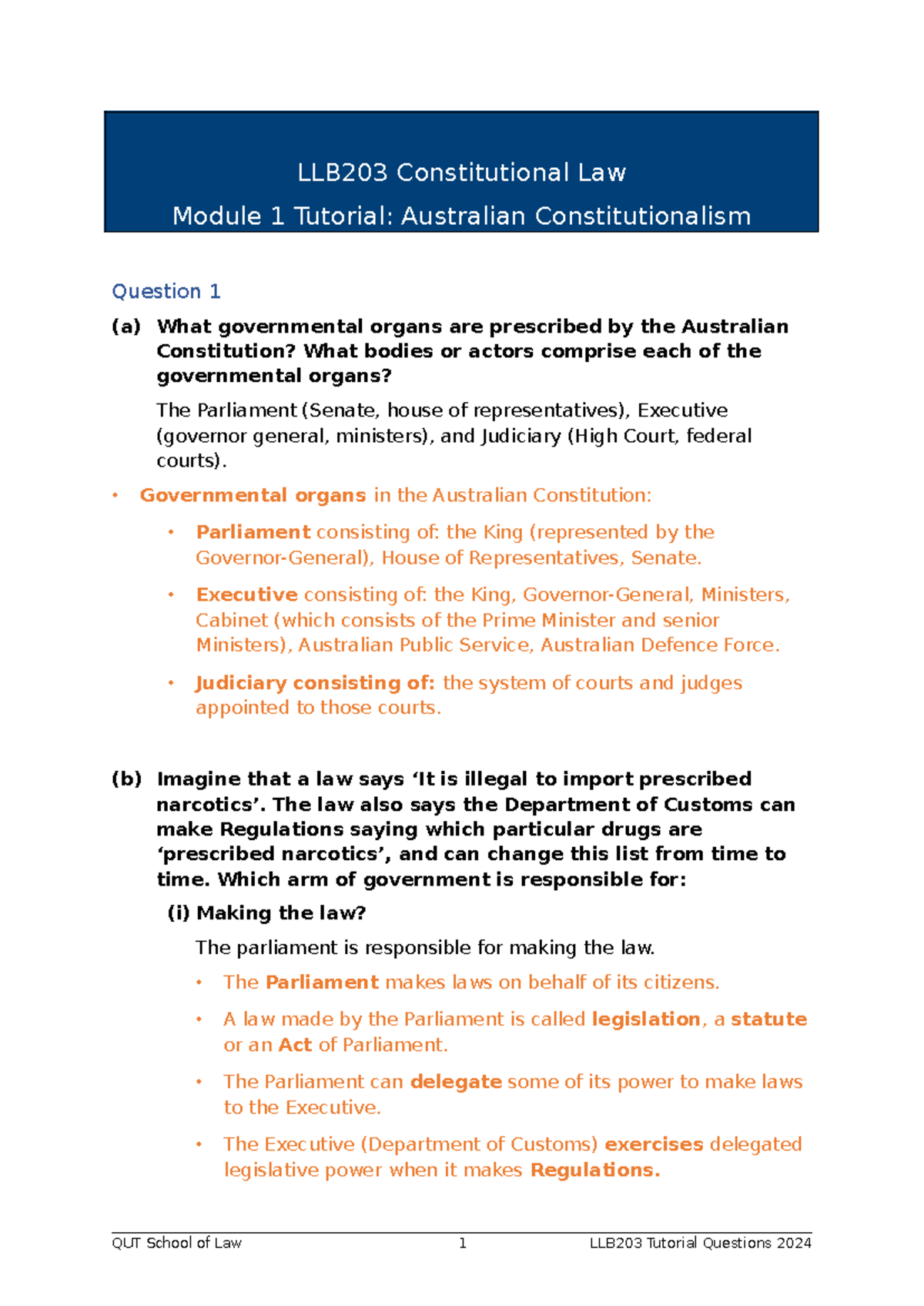 Module 1 Tutorial Questions - Australian Constitutionalism-1 - LLB203 Constitutional Law Module ...