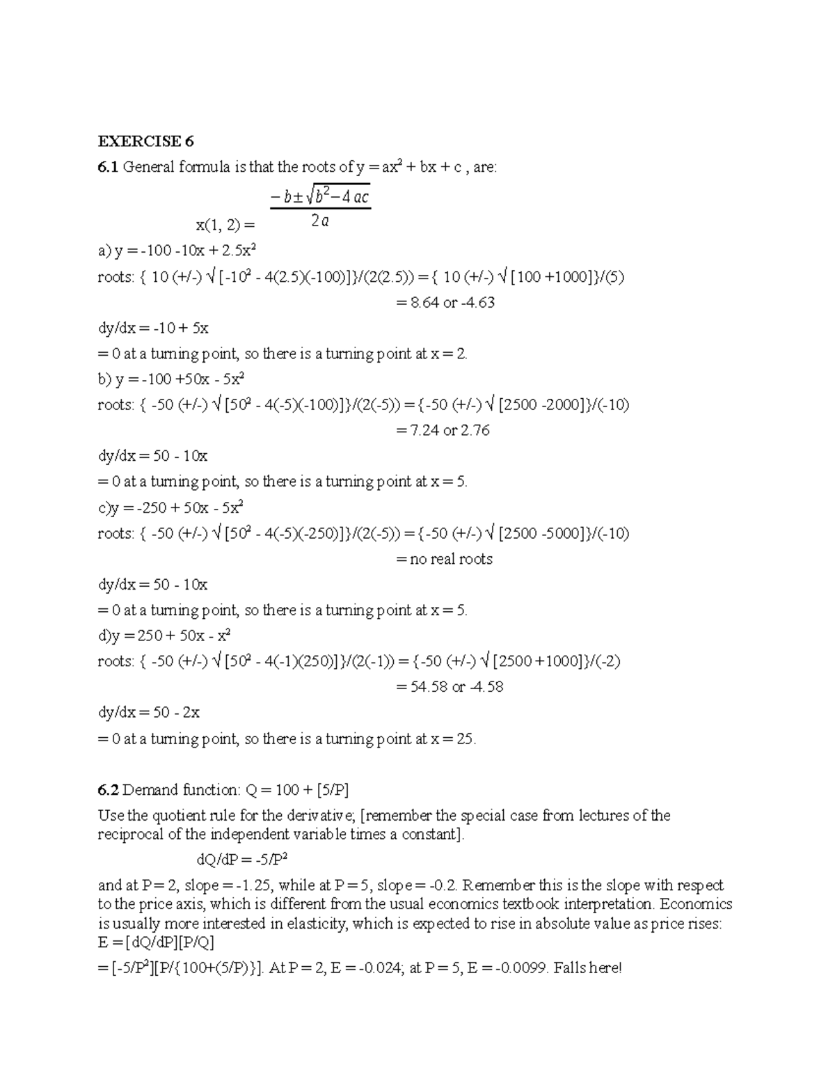 Exercise 6 Answers - EXERCISE 6 6 General formula is that the roots of ...